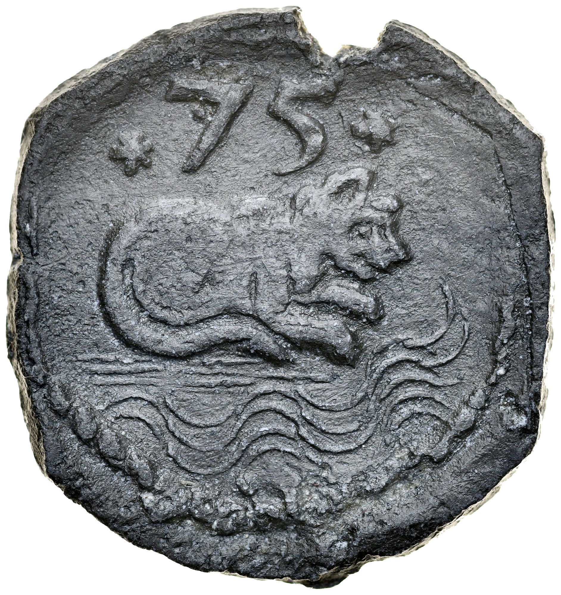 Danzig, Token 1575, A.: Cat lying on waves, on it the numerals *75*, Rv ...