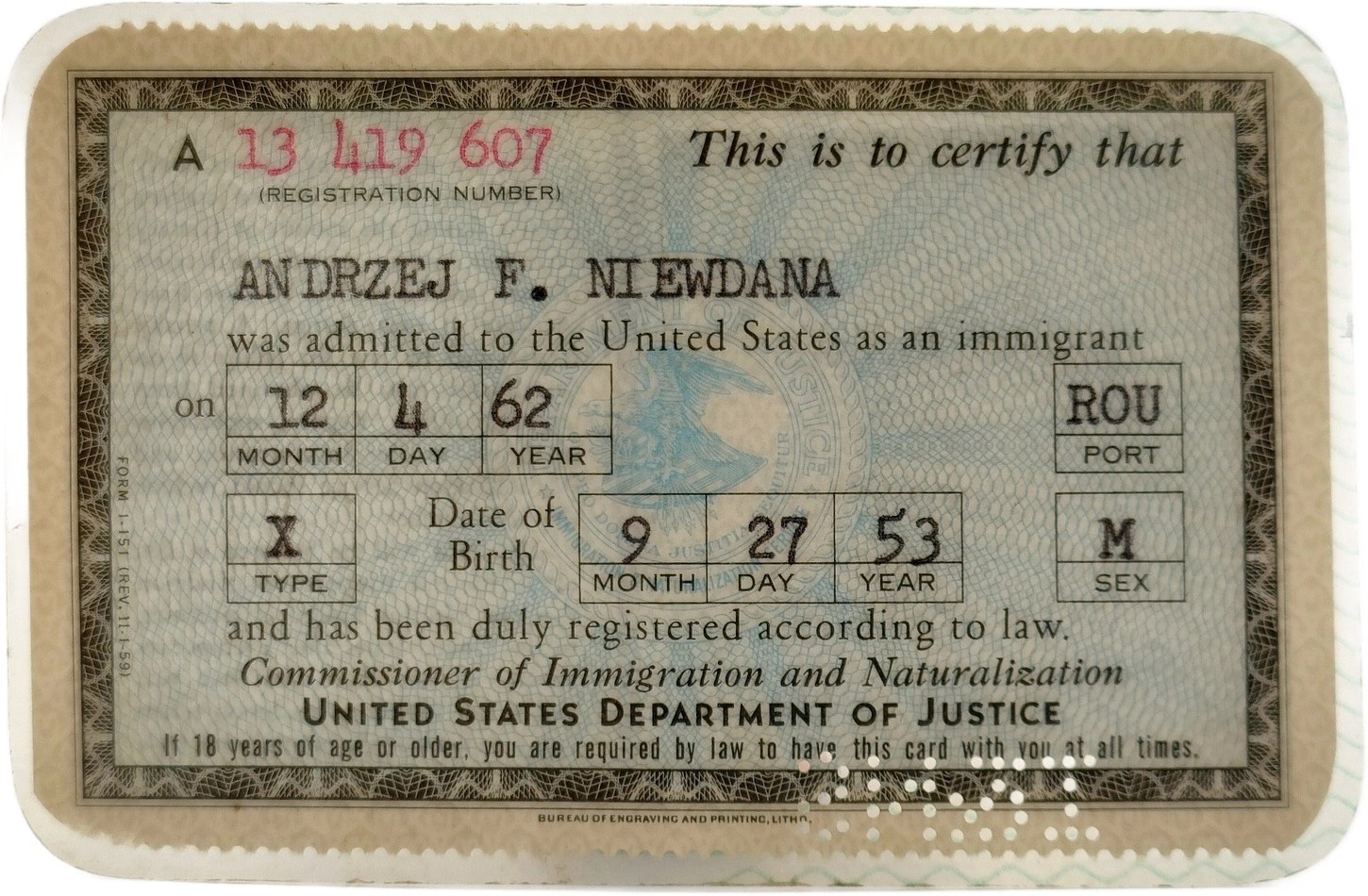 Zielona karta USA - 1962 rok - Green Card - United States Department of ...
