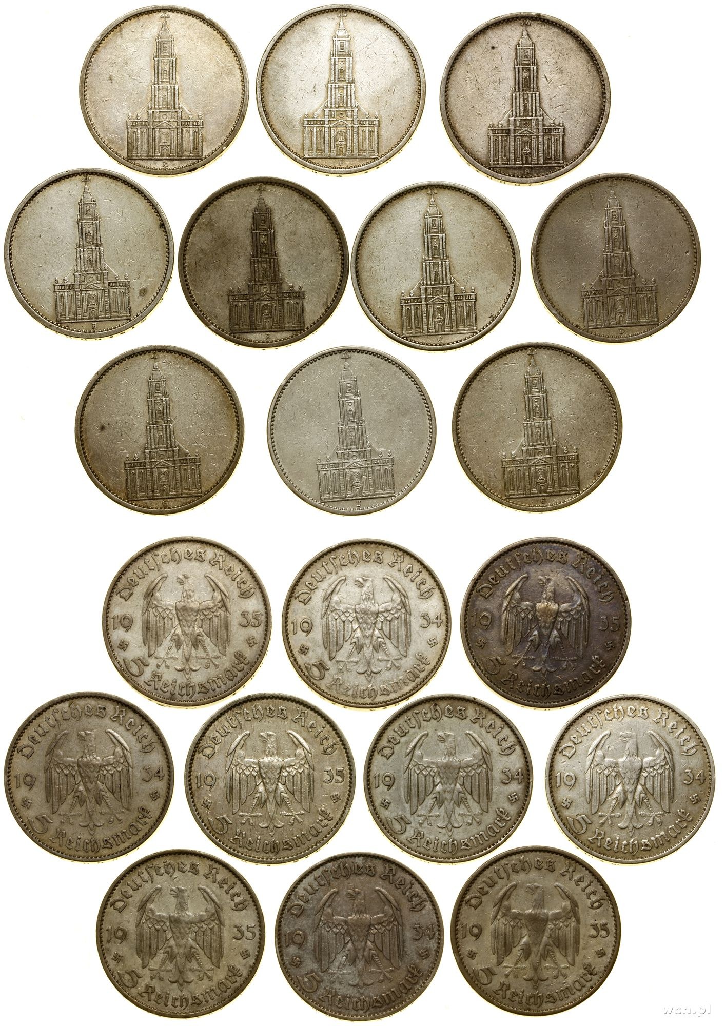 Niemcy, zestaw 10 x 5 marek, 5 x 1934, 5 x 1935, Berlin, Monachium, Stuttgart, Karlsruhe ...