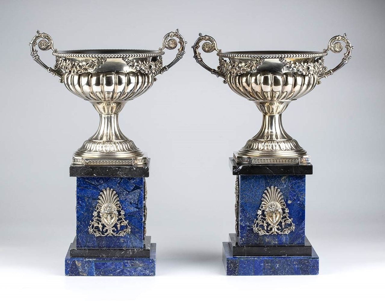 A pair of sterling silver and Lapis lazuli presentation cups on stand ...