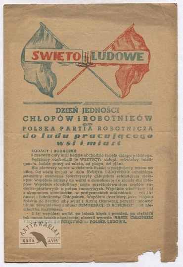 ŚWIĘTO Ludowe. Dzień jedności chłopów i robotników. Polska Partia Robotnicza do ludu pracującego ...