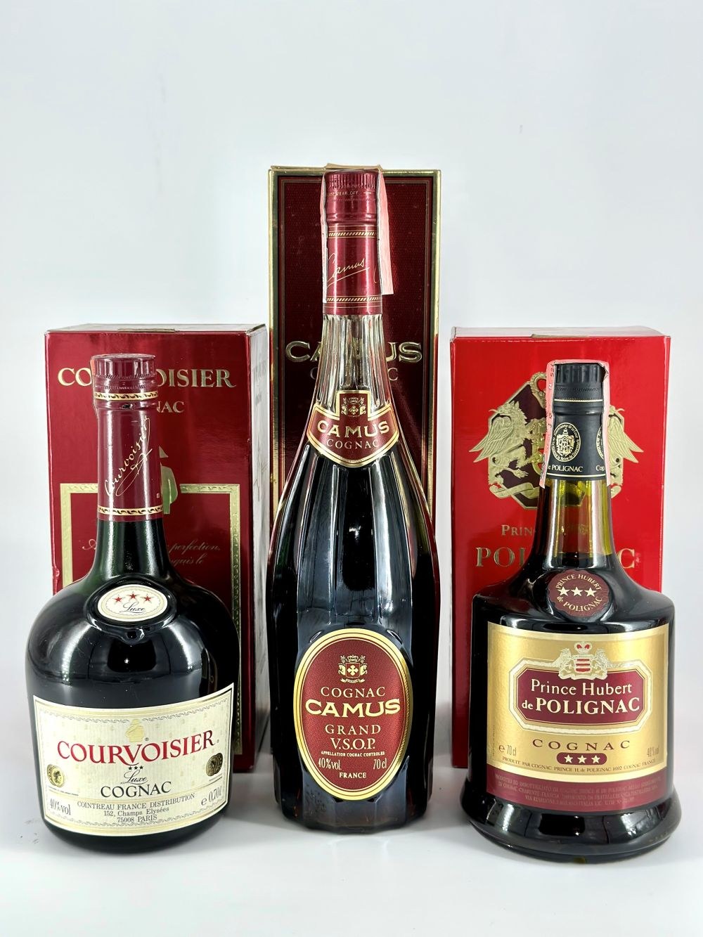 Courvoisier Trois Etoiles Luxe Cognac - Camus Grand V.S.O.P. Cognac - Prince Hubert de Polignac ...