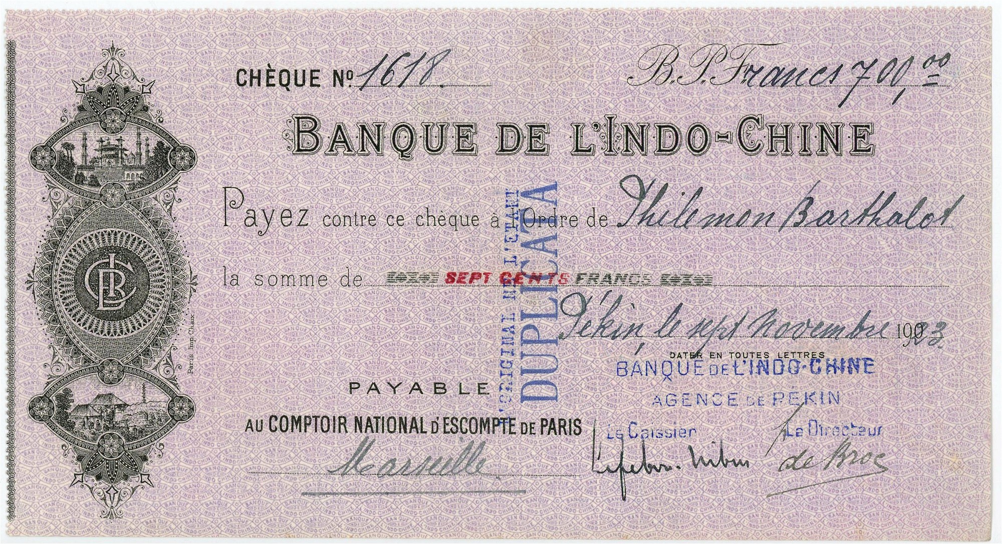 French Indochina Vietnam Banque de l'Indo-Chine Cheque for 700 Francs ...