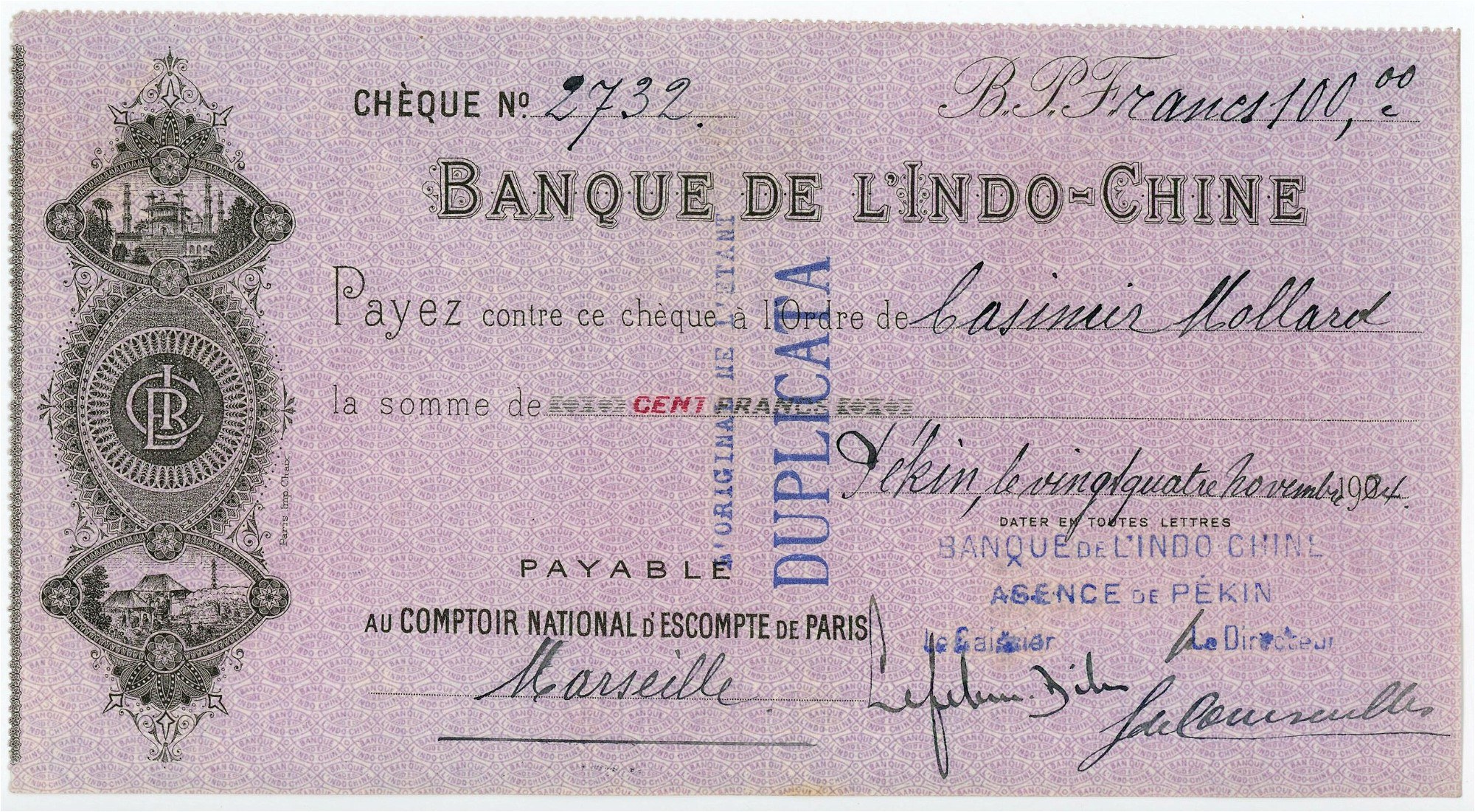 French Indochina Vietnam Banque de l'Indochine Cheque for 100 Francs ...