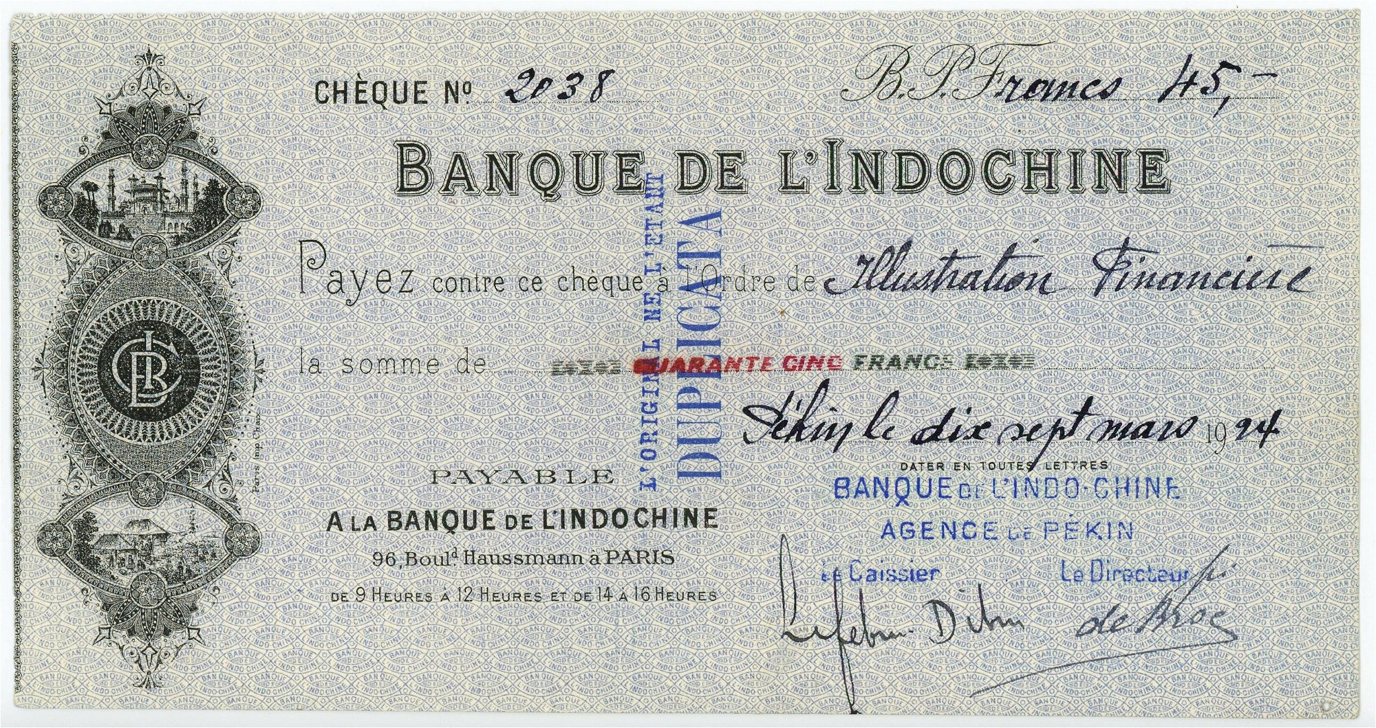 French Indochina Vietnam Banque de l'Indochine Cheque for 45 Francs ...