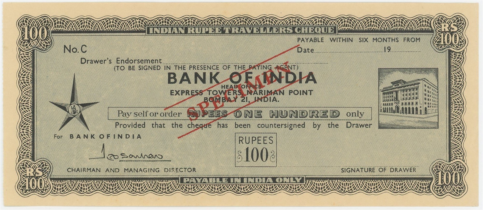 India Bank of India Travellers Cheque for 100 Rupees Specimen - Aukcja ...