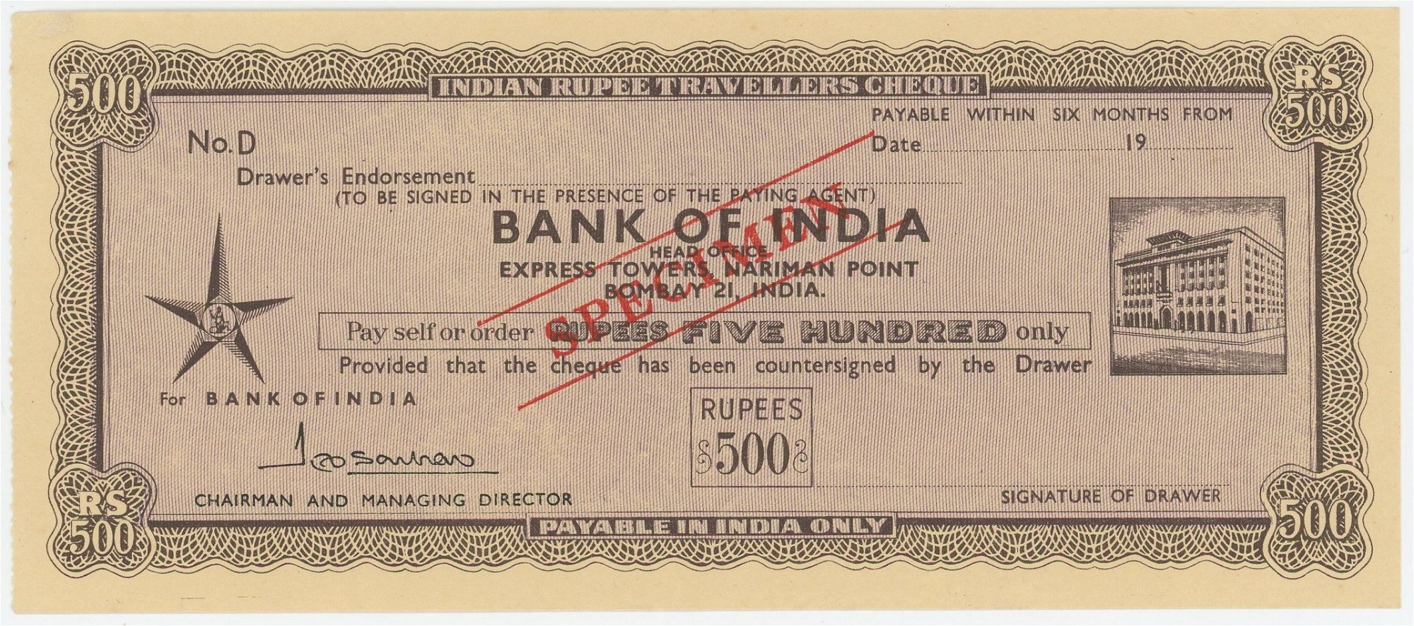 India Bank of India Travellers Cheque for 500 Rupees Specimen - Aukcja ...