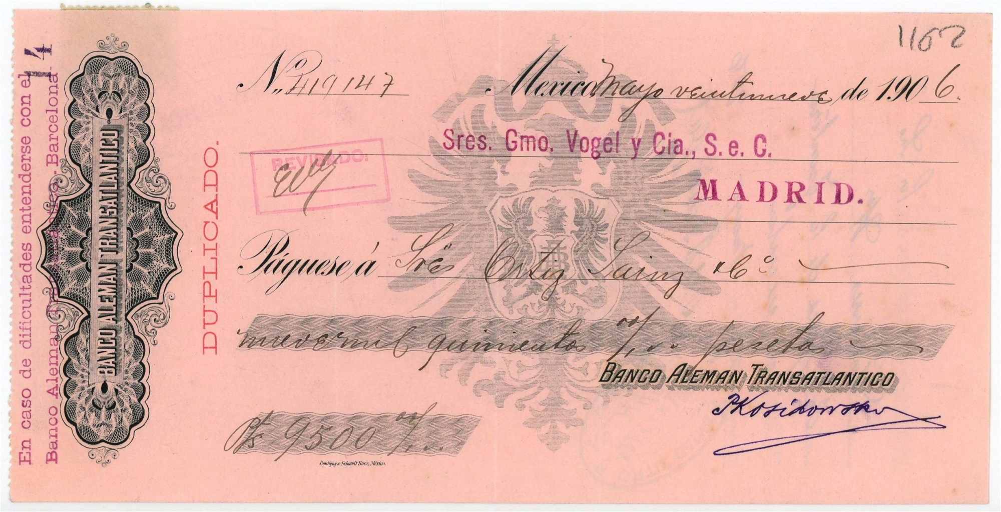 Mexico Banco Aleman Transatlantico Mexico Cheque for 9500 pesetas 1906 ...