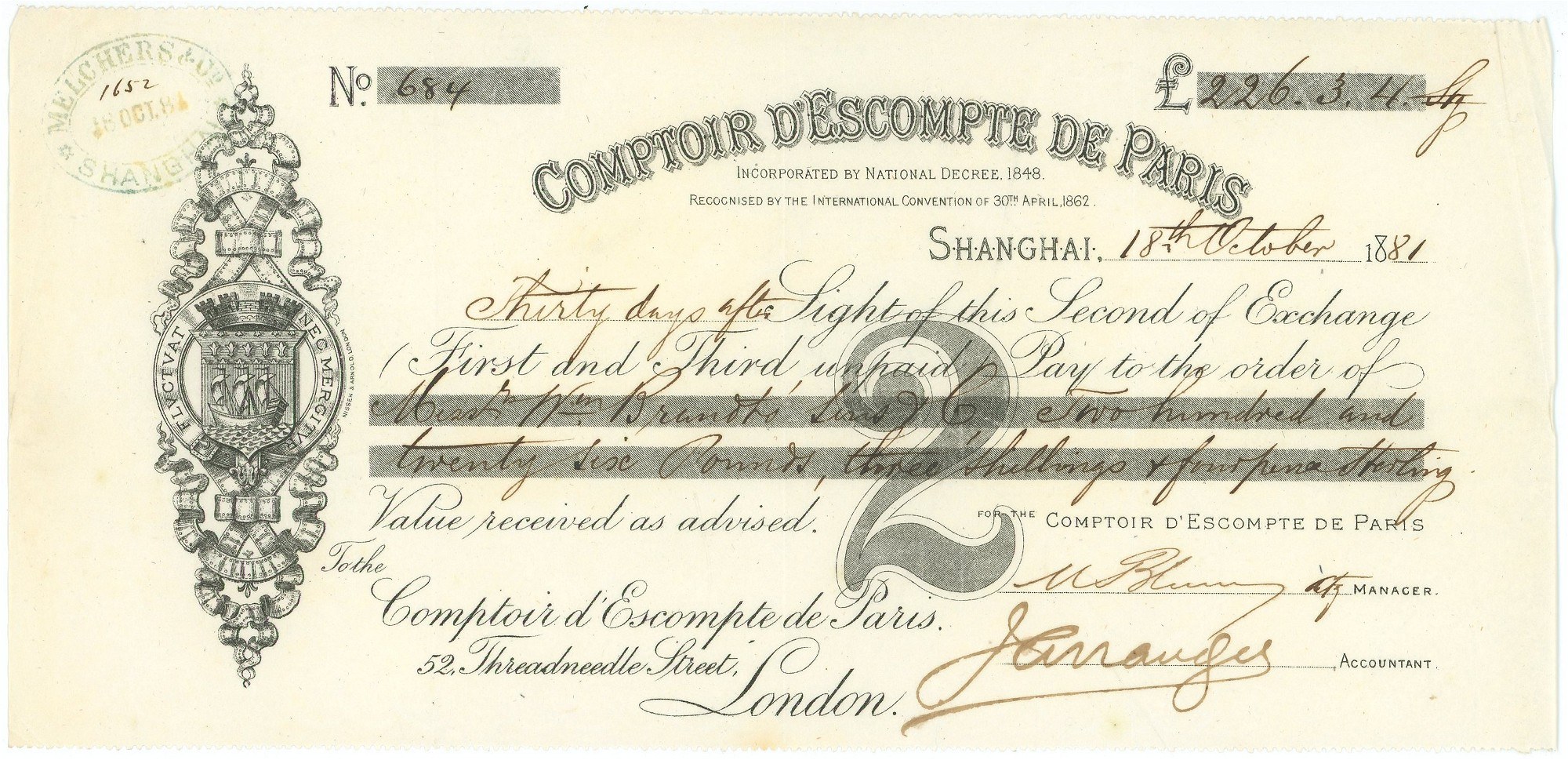 China France Comptoir d'Escompte de Paris Bill of Exchange for £226.3.4 ...