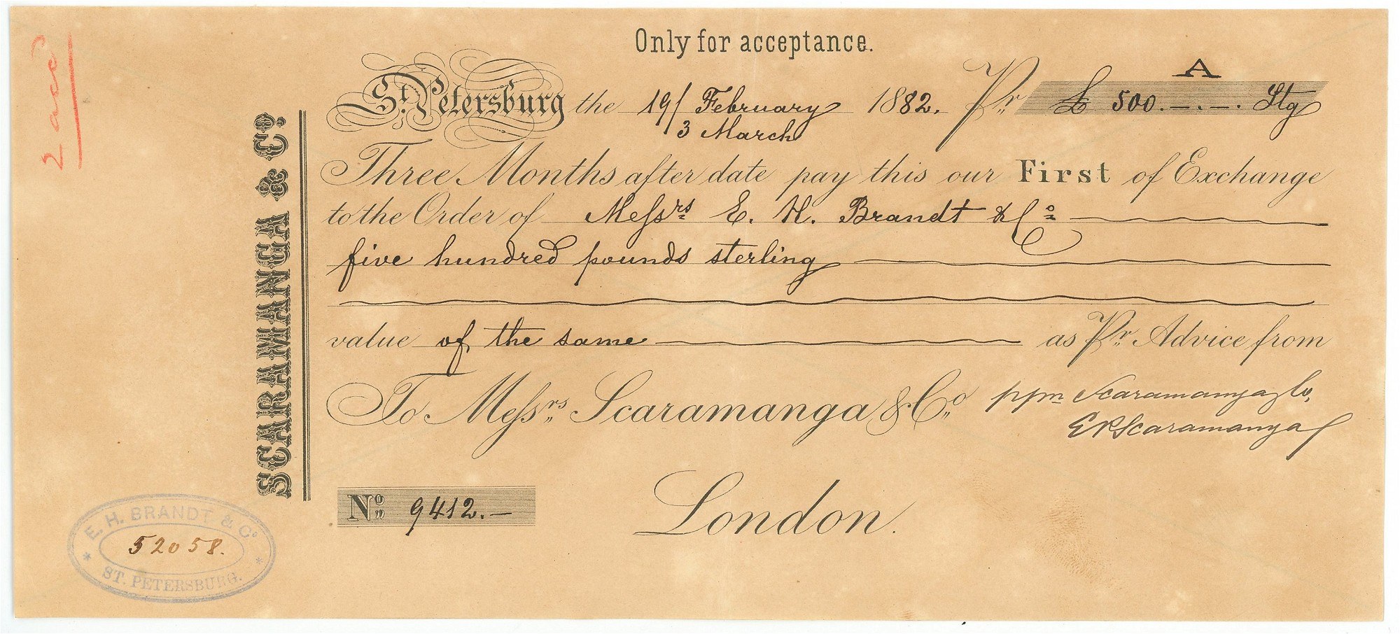 Russia "Scaramanga & Co" Trading House Bill of Exchange for £500 St ...