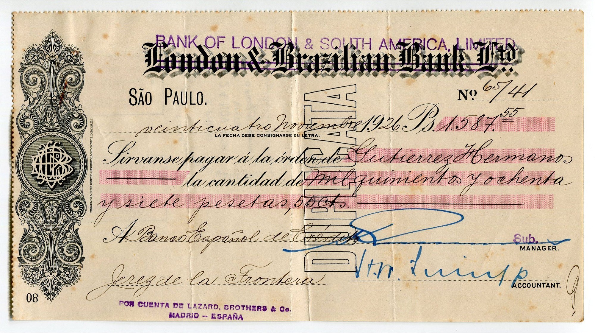 Brazil London & Brazilian Bank Ltd Cheque San Paulo 1926 - Aukcja ...