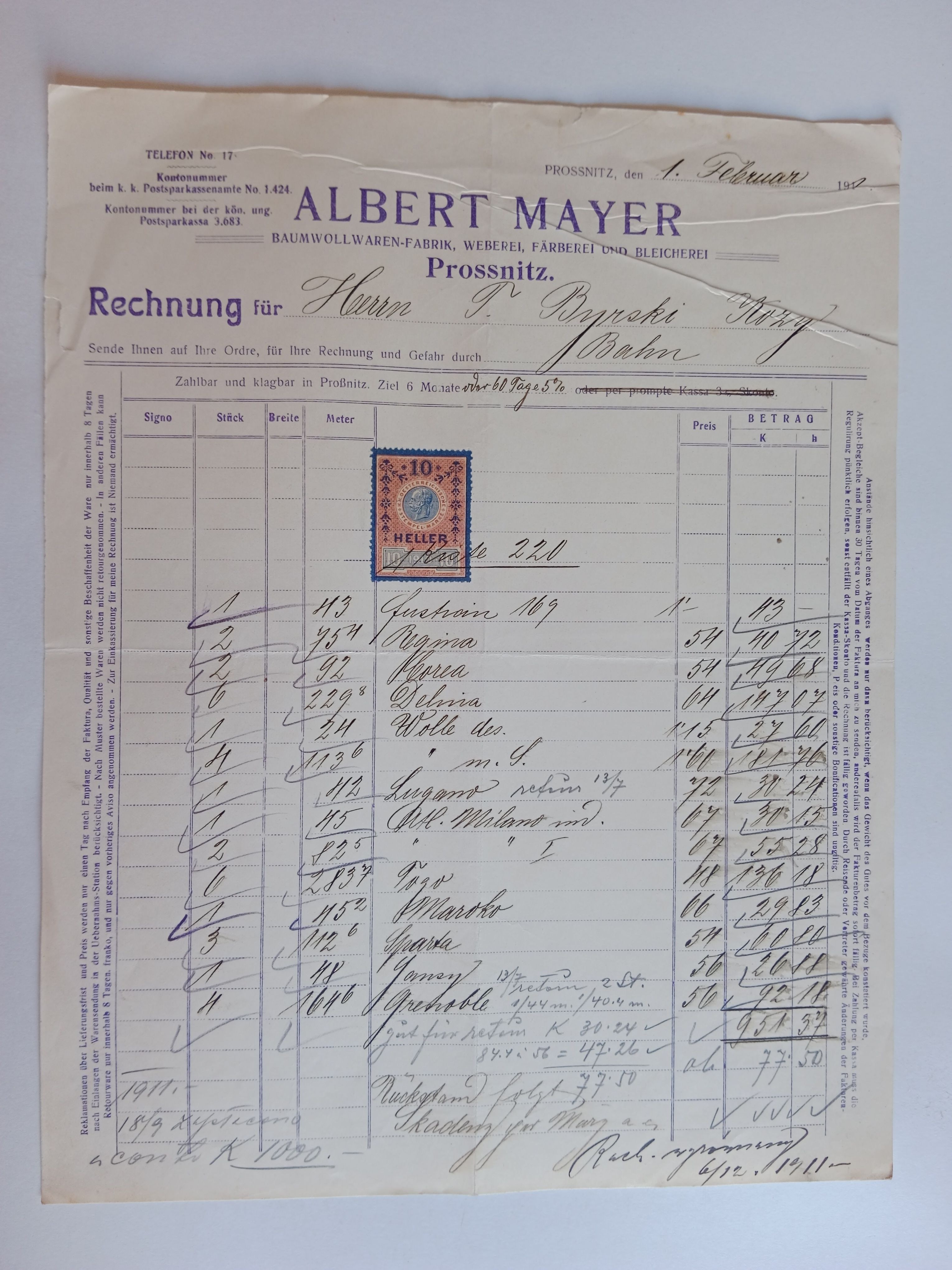 RACHUNEK PROŚCIEJÓW PROSSNITZ ALBERT MAYER BYRSKI KOZY PRZEDWOJENNY ...