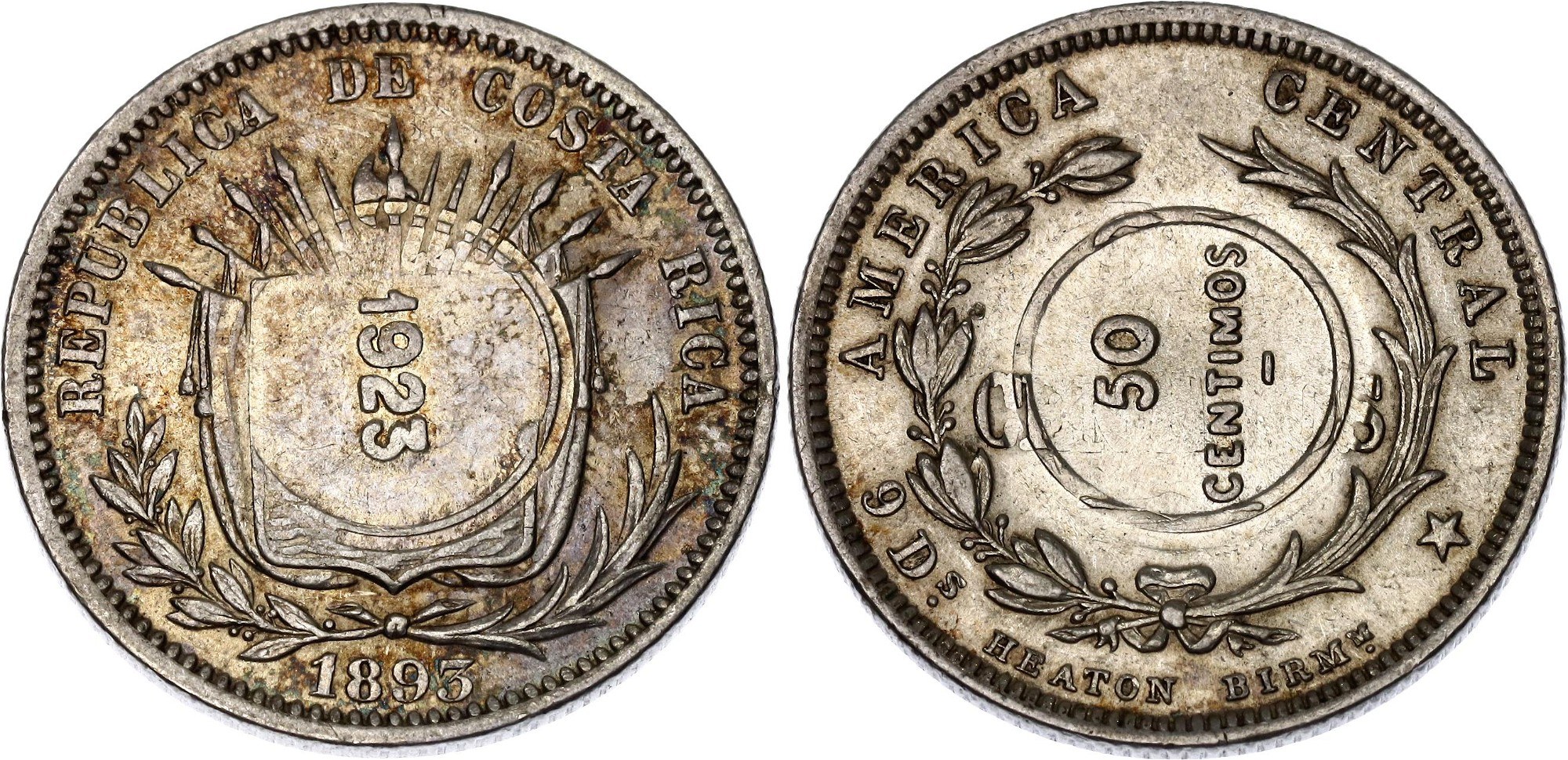 Costa Rica 50 Centimos 1923 (1893) HEATON Counterstamped Coinage - Aukcja internetowa ...
