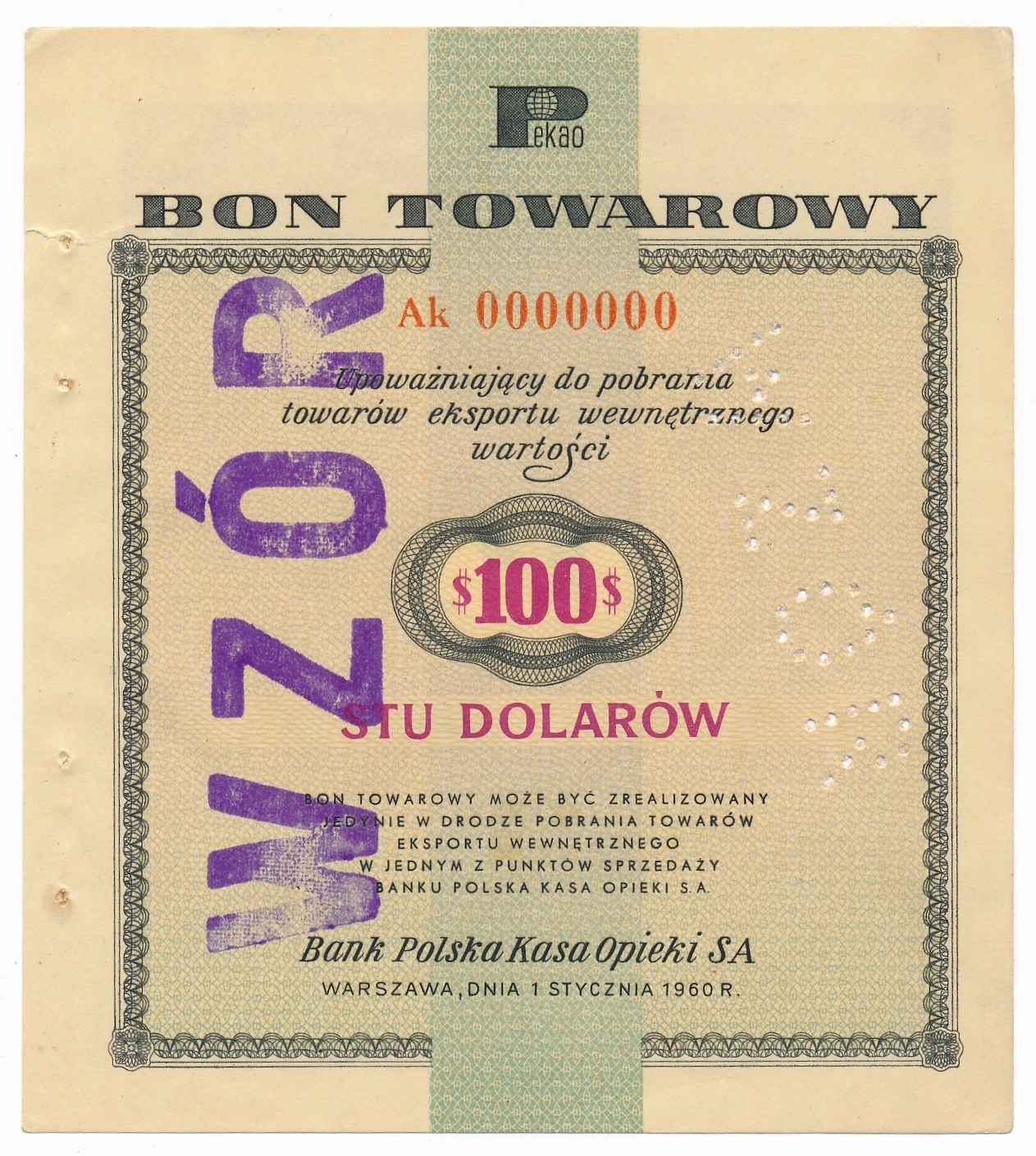 Pewex Bon Towarowy 100 dolarów 1960 WZÓR Ak 0000000 - RZADKOŚĆ - 网上拍卖 ...