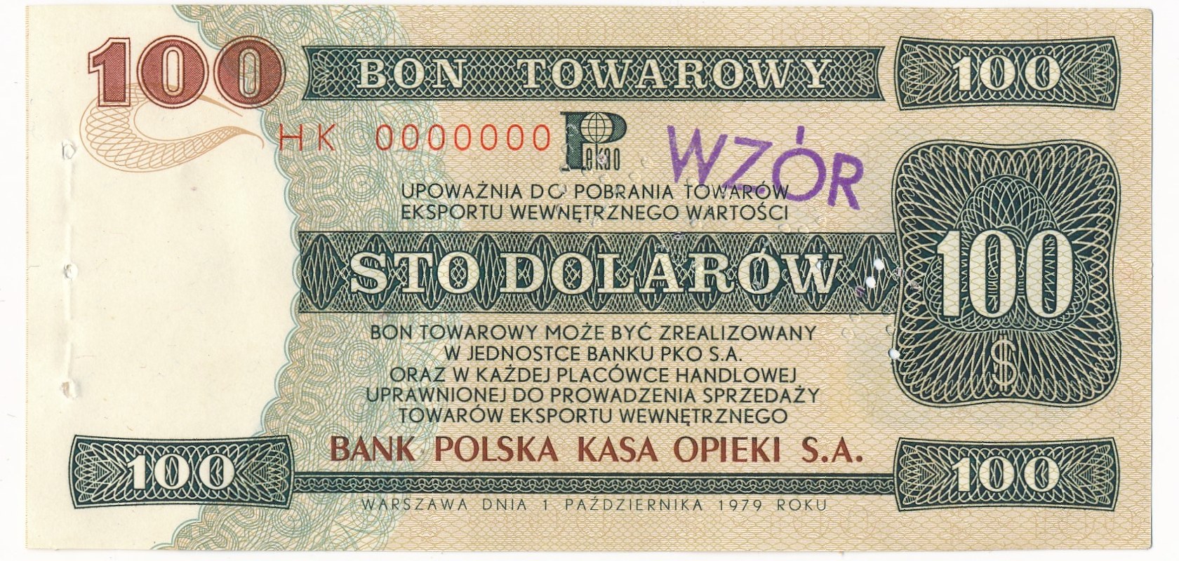 Pewex Bon Towarowy 100 dolarów 1979 WZÓR HK 0000000 - Online auction ...