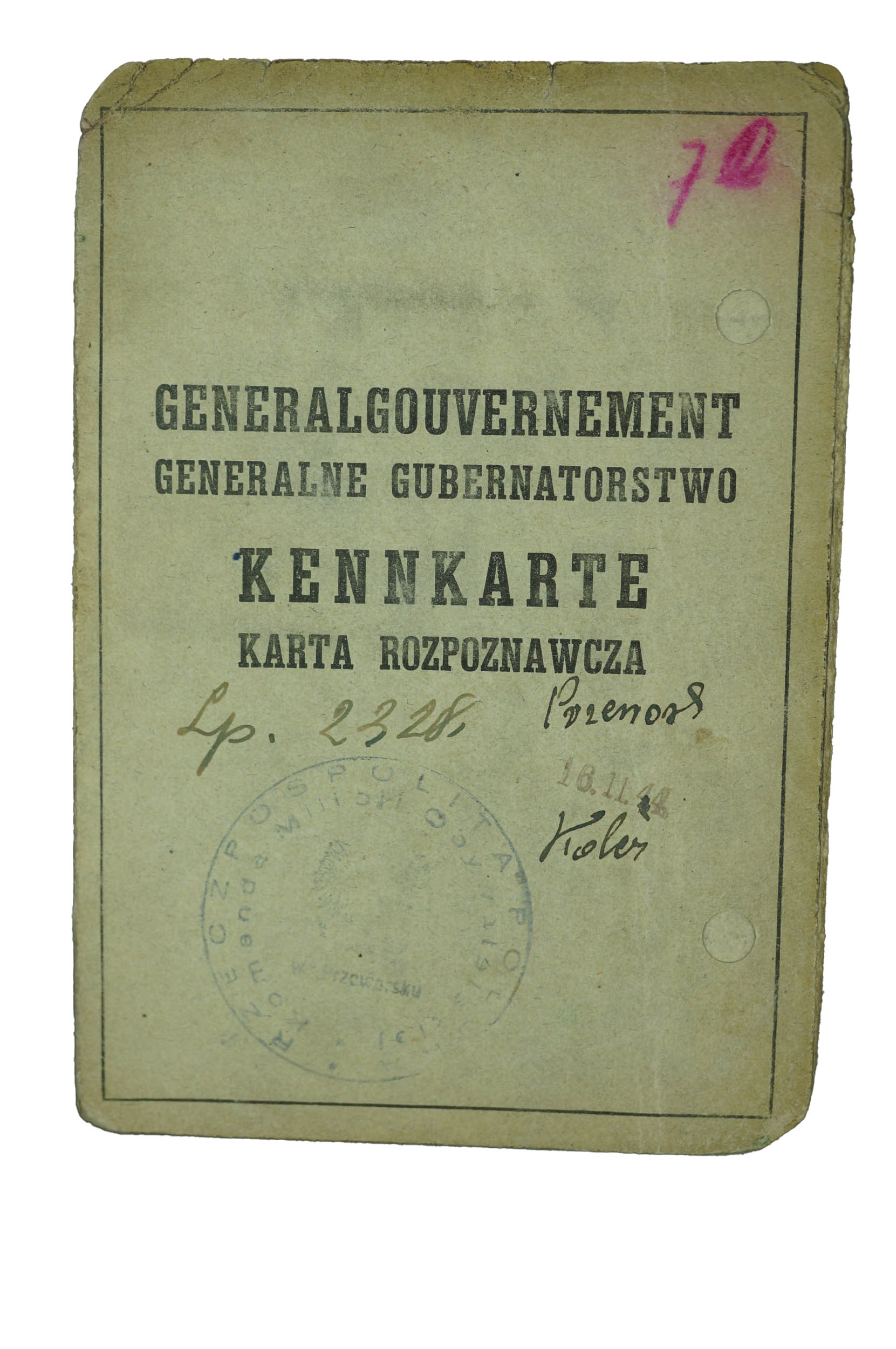 KENNKARTE / Recognition card, issued 25.II.1942, for a man [born 1888 ...