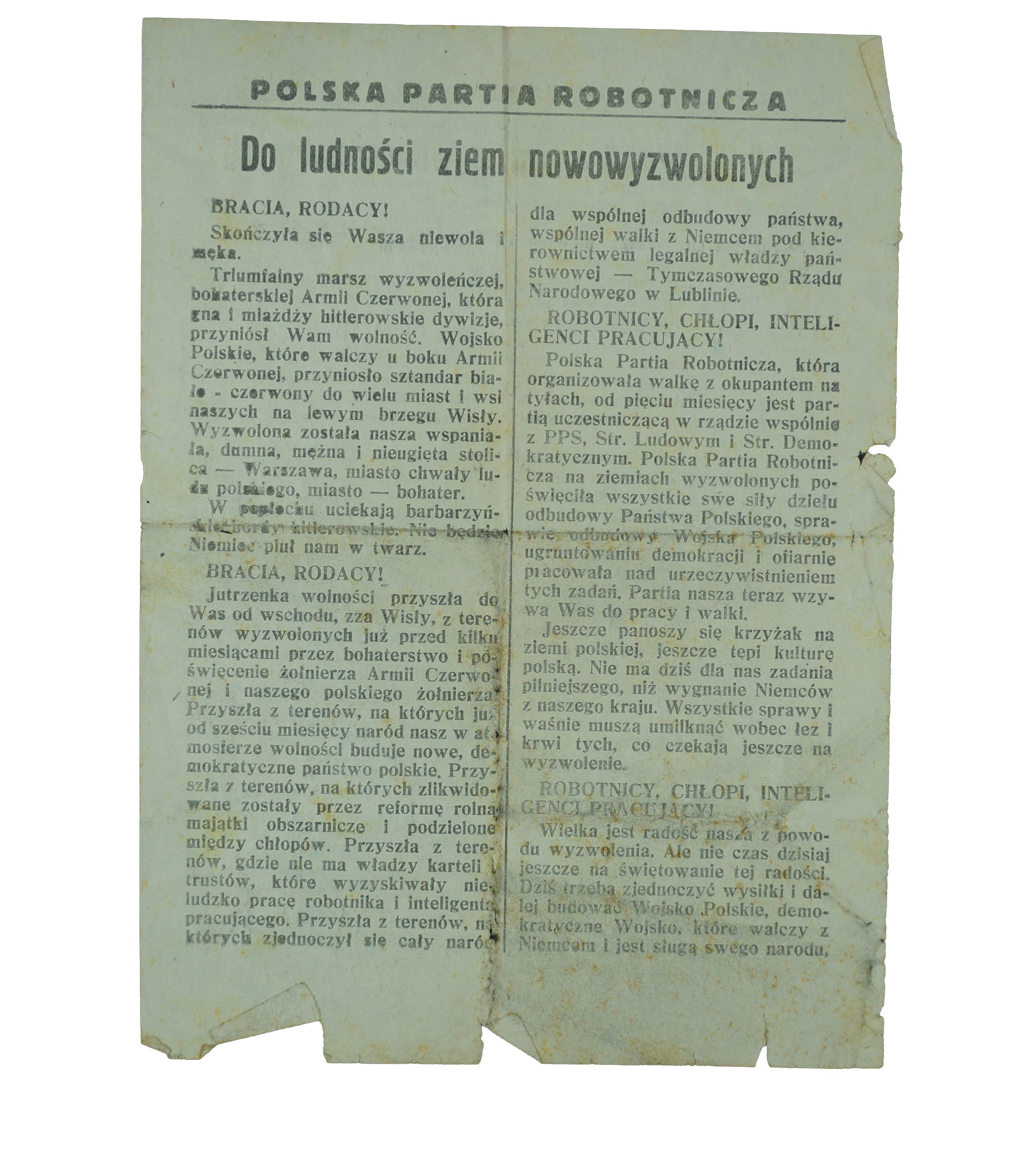 ULOTKA PROPAGANDOWA PPR - Polska Partia Robotnicza Do ludności ziem nowowyzwolonych "Bracia ...