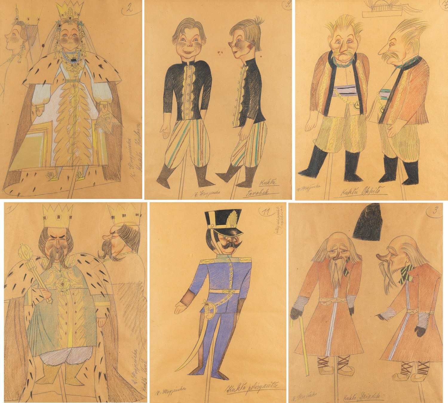 Zofia Stryjeńska (1891 Kraków - 1976 Geneva), Set of 6 puppet designs ...