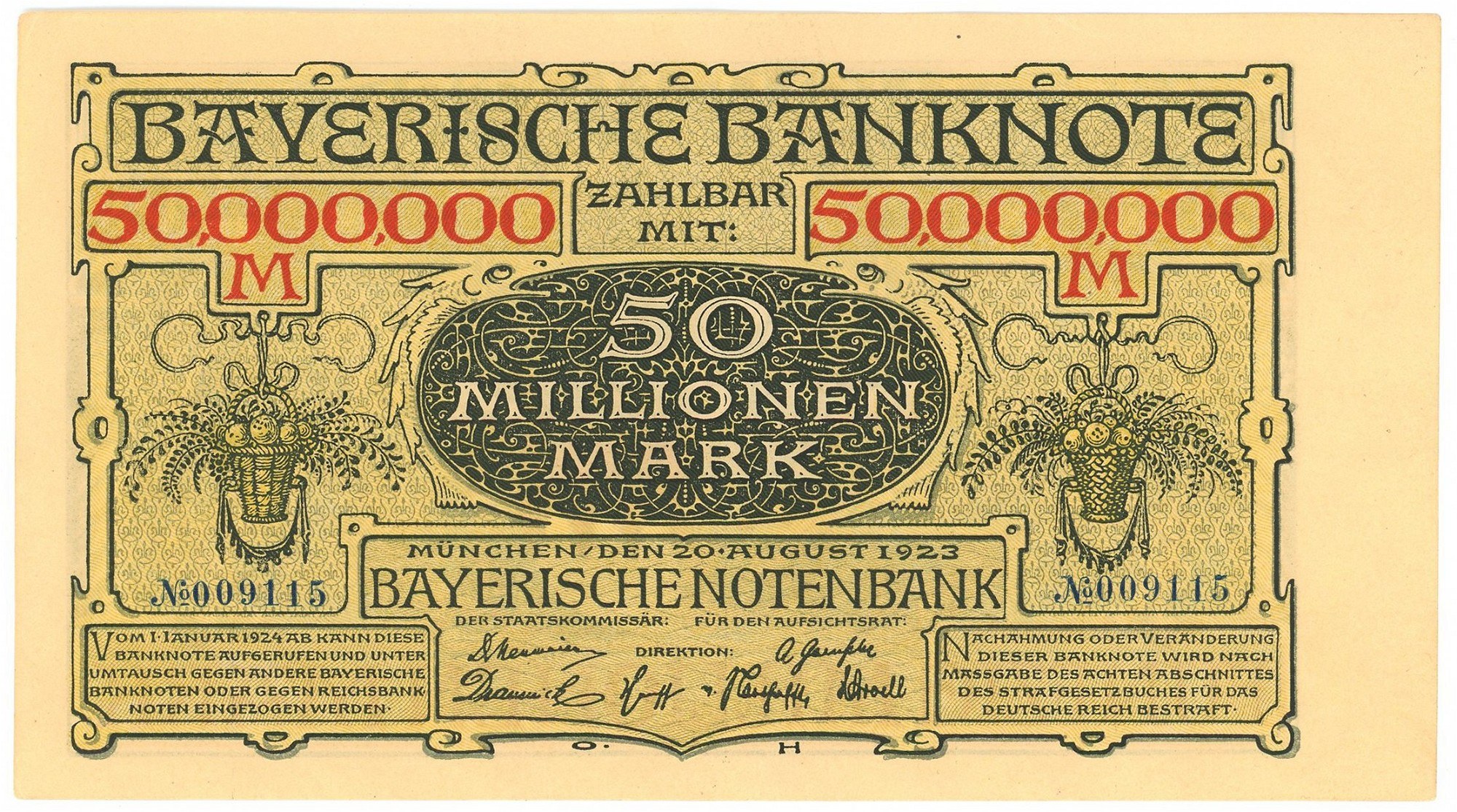 German States Bavaria Bayerische Notenbank 50000000 Mark 1923 - Aukcja ...