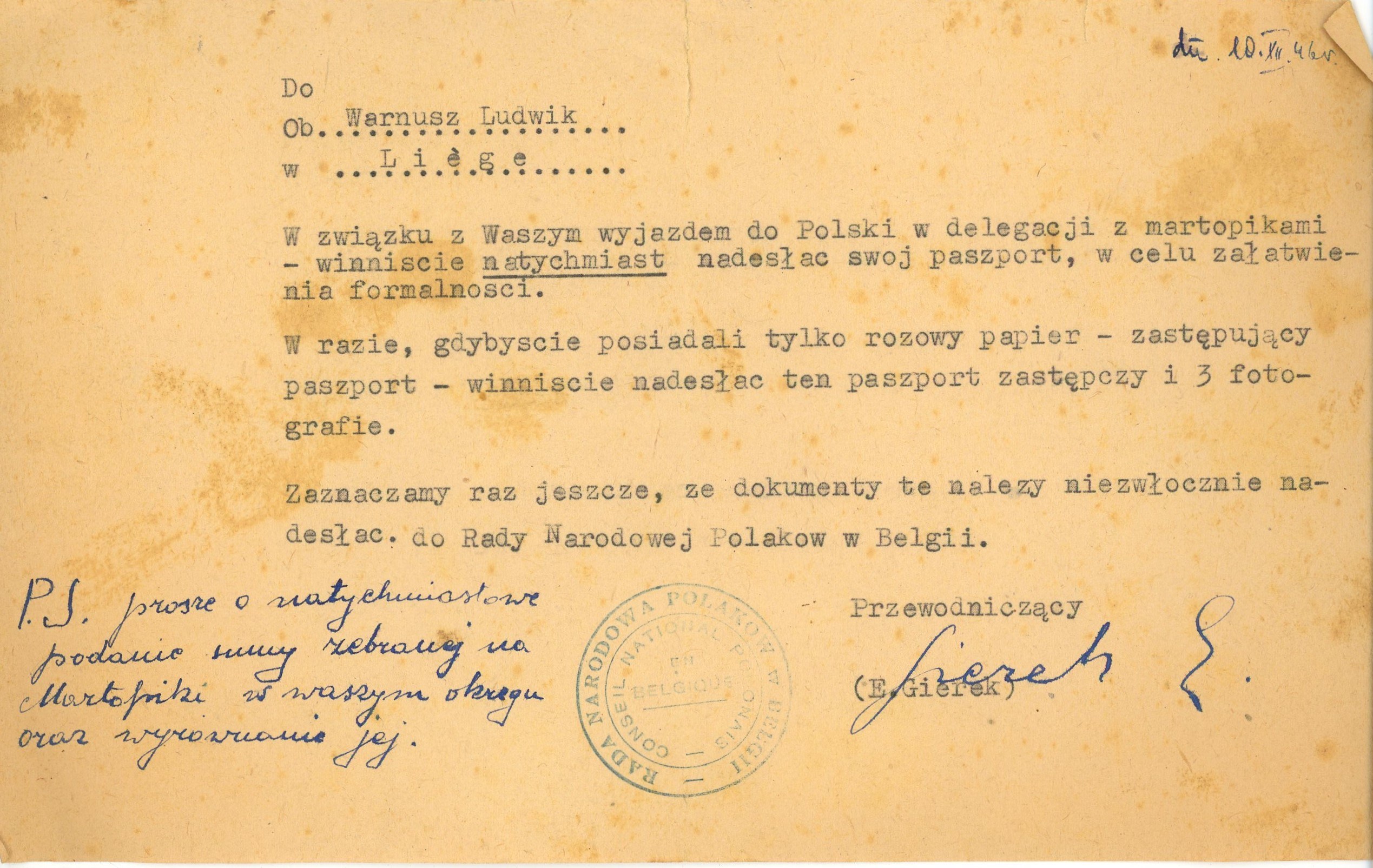 Rada Narodowa Polaków w Belgii - podpis Edwarda Gierka, 1946. - Aukcja internetowa / Licytacja ...