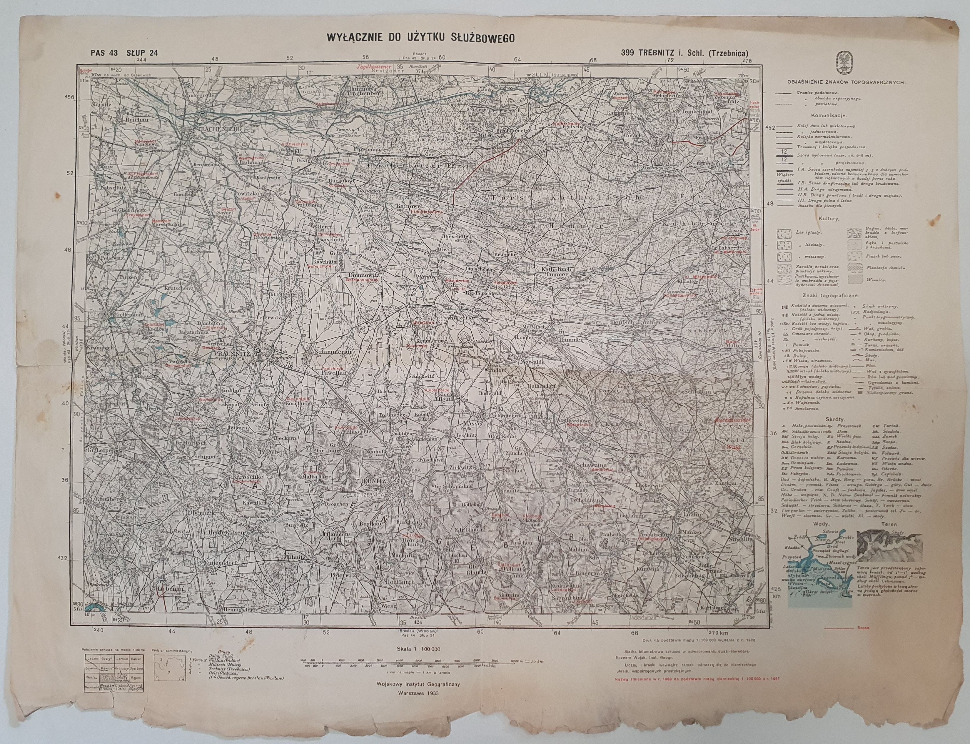 Trzebnica, mapa WIG, ark. 399, 1933 / 1939 rok, 1 : 100 000 - Aukcja ...