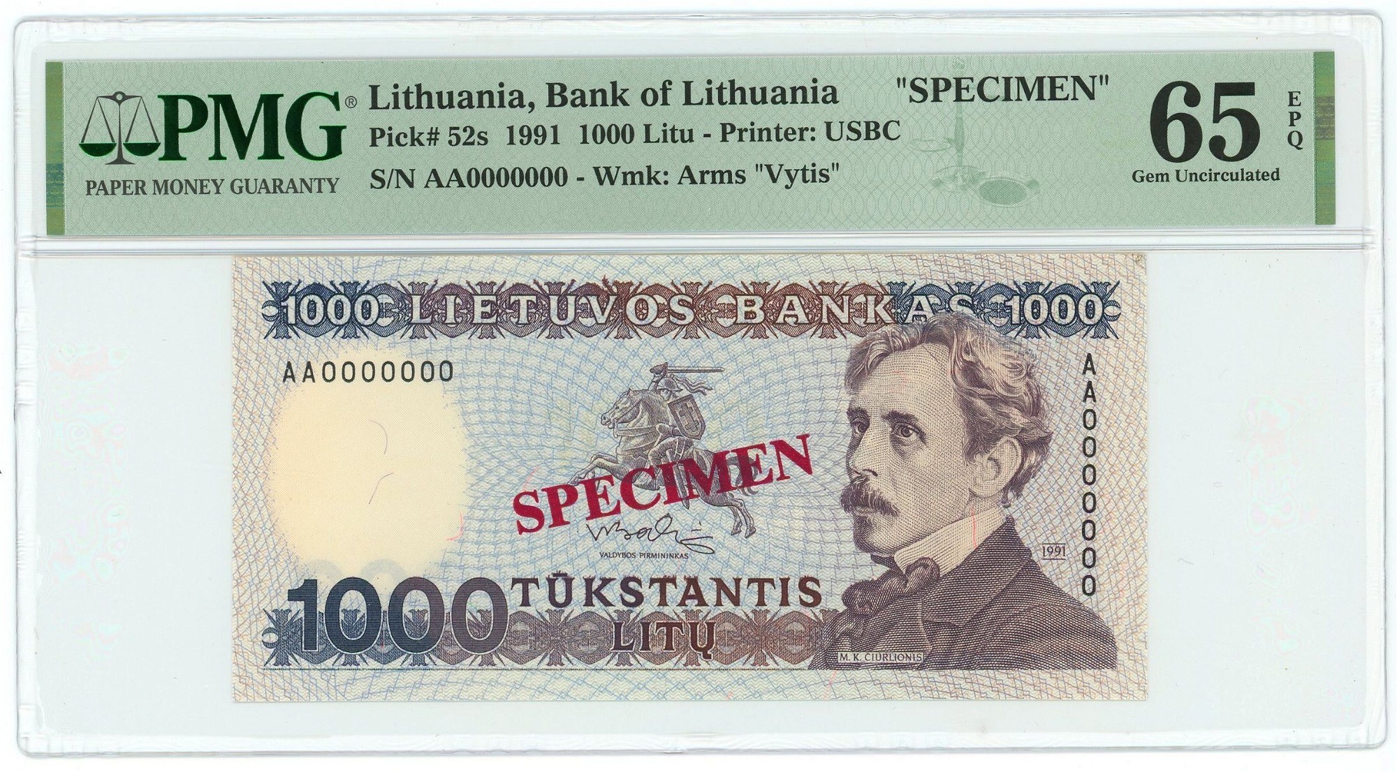 Lithuania 1000 Litu 1991 Specimen PMG 65 EPQ Gem UNC - Aukcja internetowa / Licytacja online ...