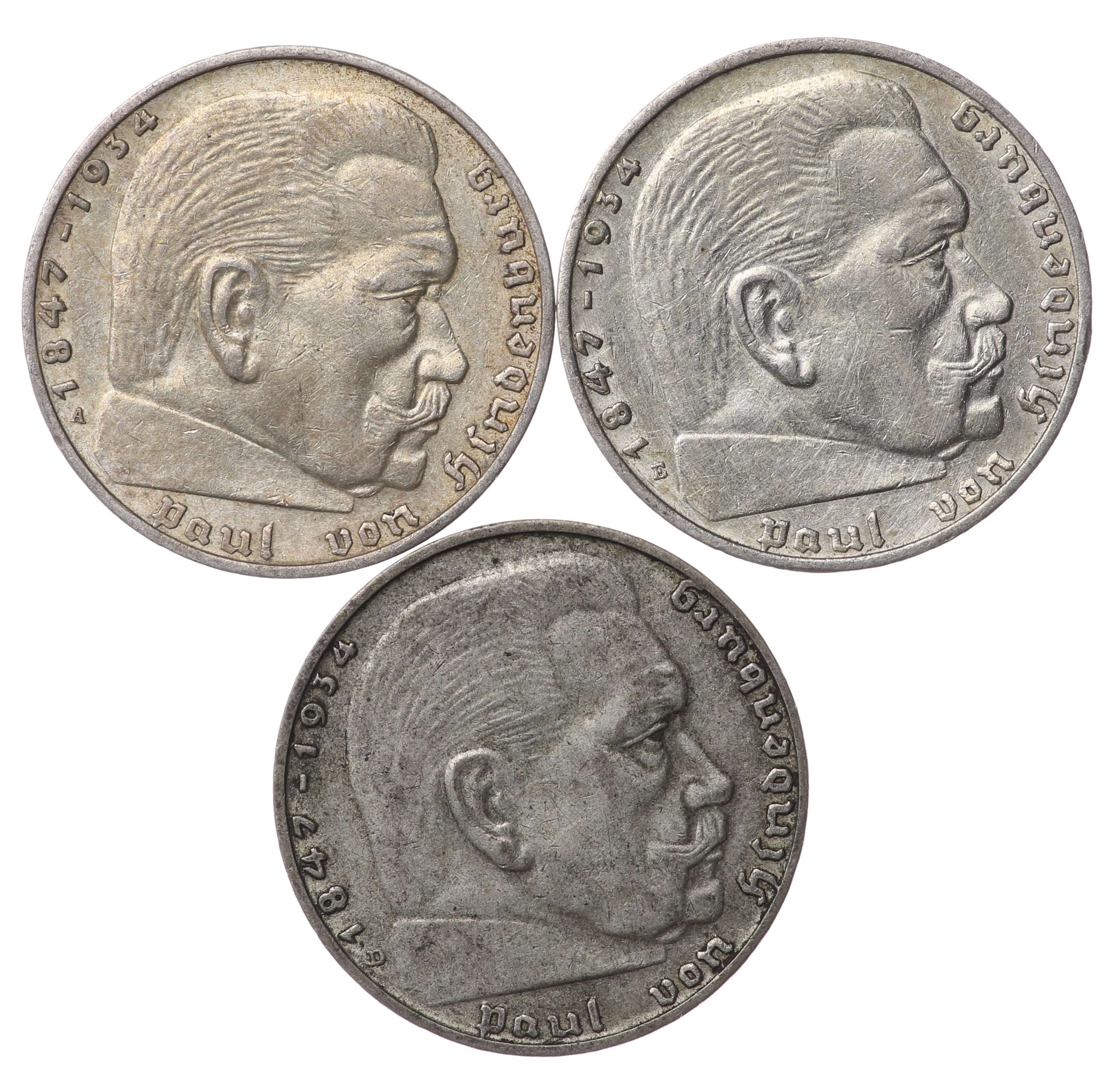 Niemcy, III Rzesza, 2 marki 1936, 1937, 1938 Hindenburg - zestaw 3 ...