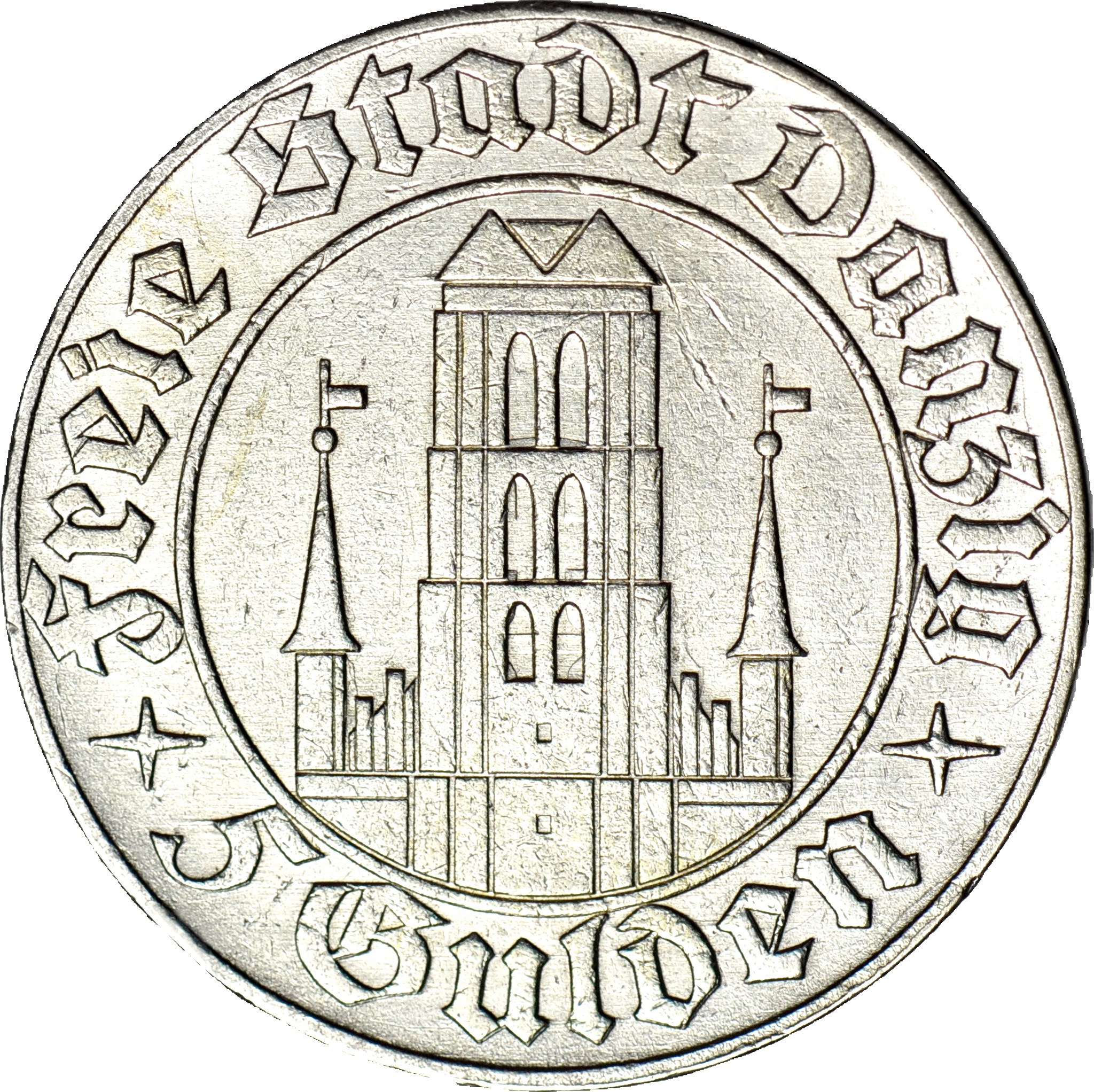 RR-, Wolne Miasto Gdańsk, 5 guldenów 1932, Kościół, DESTRUKT - DUCH - Aukcja internetowa ...