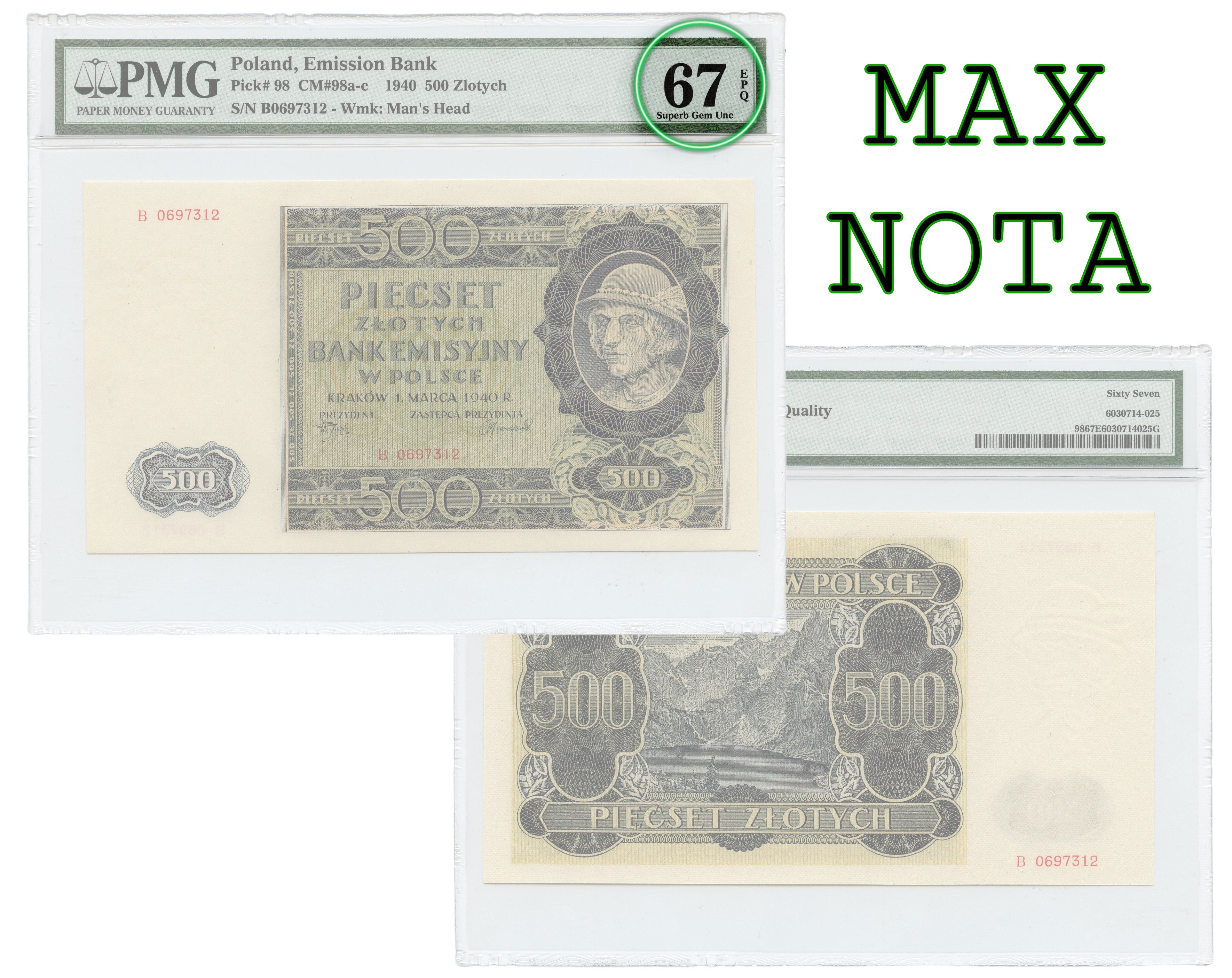 500 Gold 1940 - Series B - PMG 67 EPQ - MAX NOTA - Online auction ...