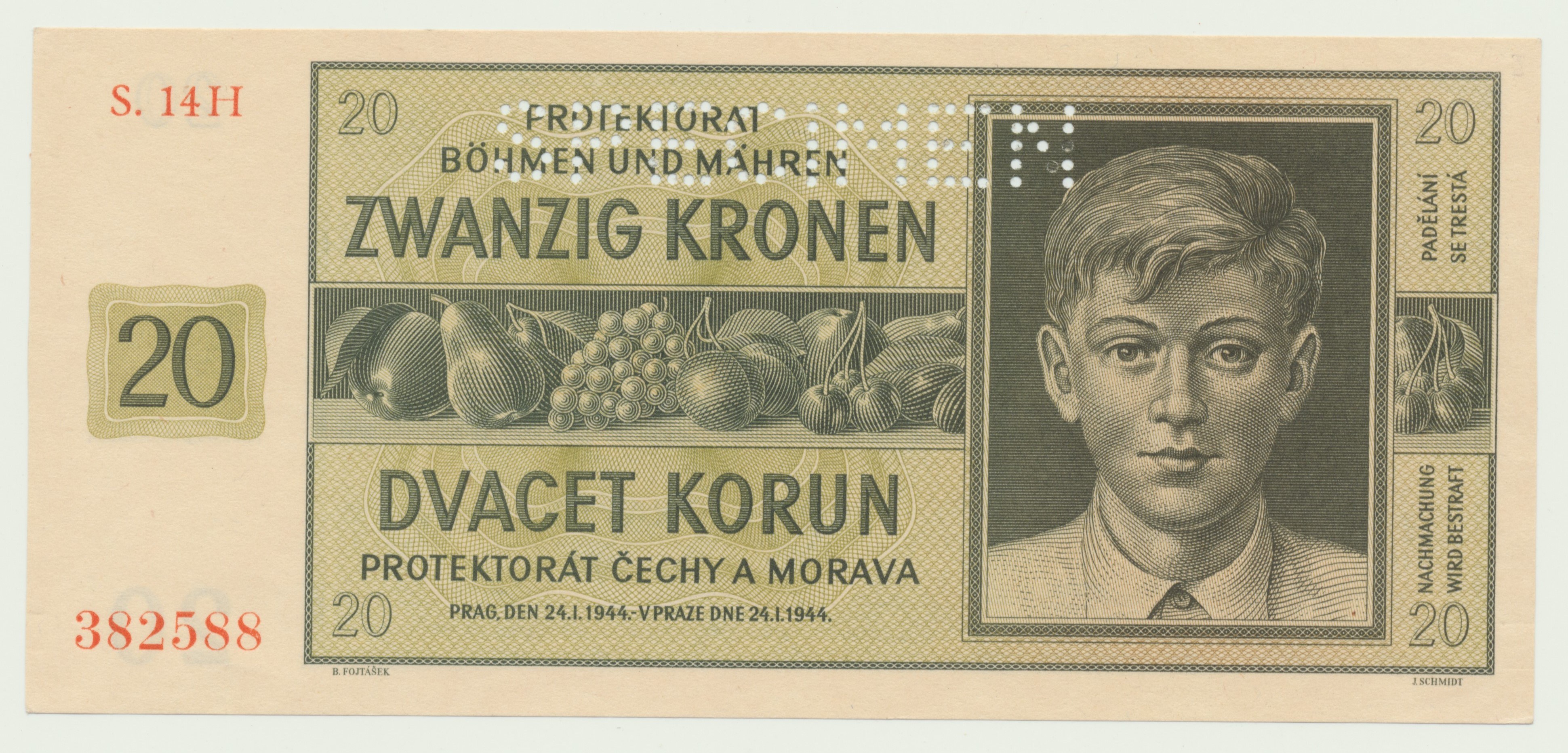 Protektorat Czech i Moraw, 20 Koron 1944 SPECIMEN - Aukcja internetowa / Licytacja online - Cena ...