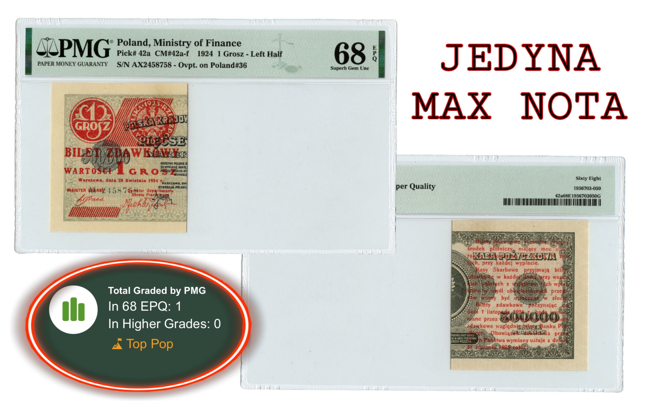 1 grosz 1924 - seria AX - lewa połowa - PMG 68 EPQ - TOP POP JEDYNY - Aukcja internetowa ...