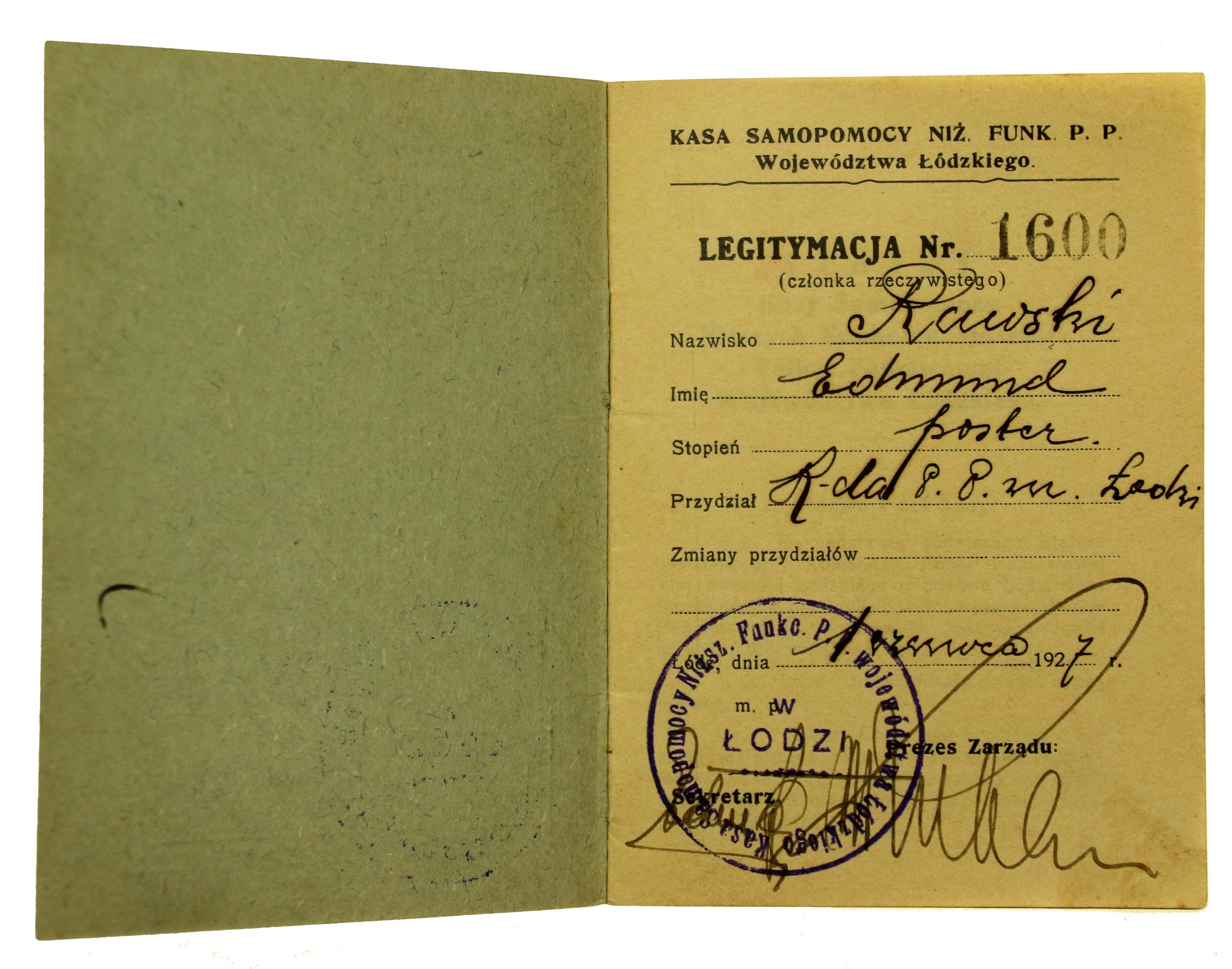 Legitymacja Kasy Samopomocy N. Funkcjonariuszy Policji Państwowej, Łódź 1927 (89) - Aukcja ...