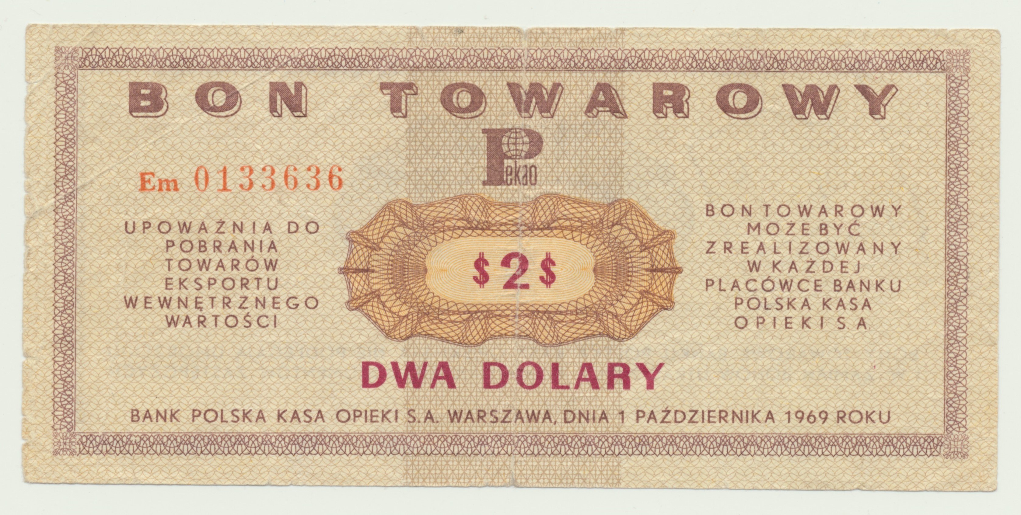Pewex Bon Towarowy, 2 dolary 1969, rzadka pierwsza seria Em - Aukcja ...