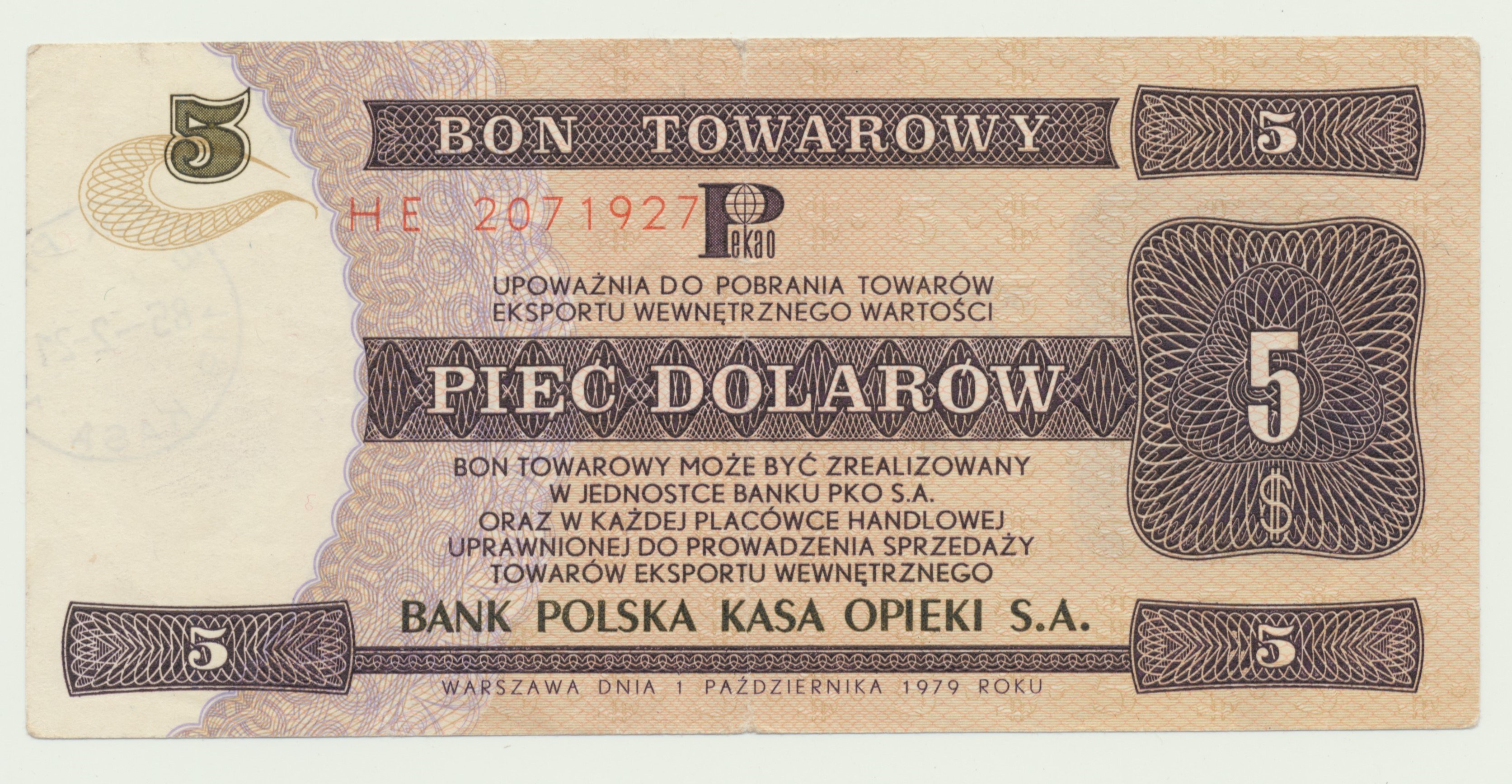 Pewex Bon Towarowy, 5 dolarów 1979, ser. HE - Aukcja internetowa ...