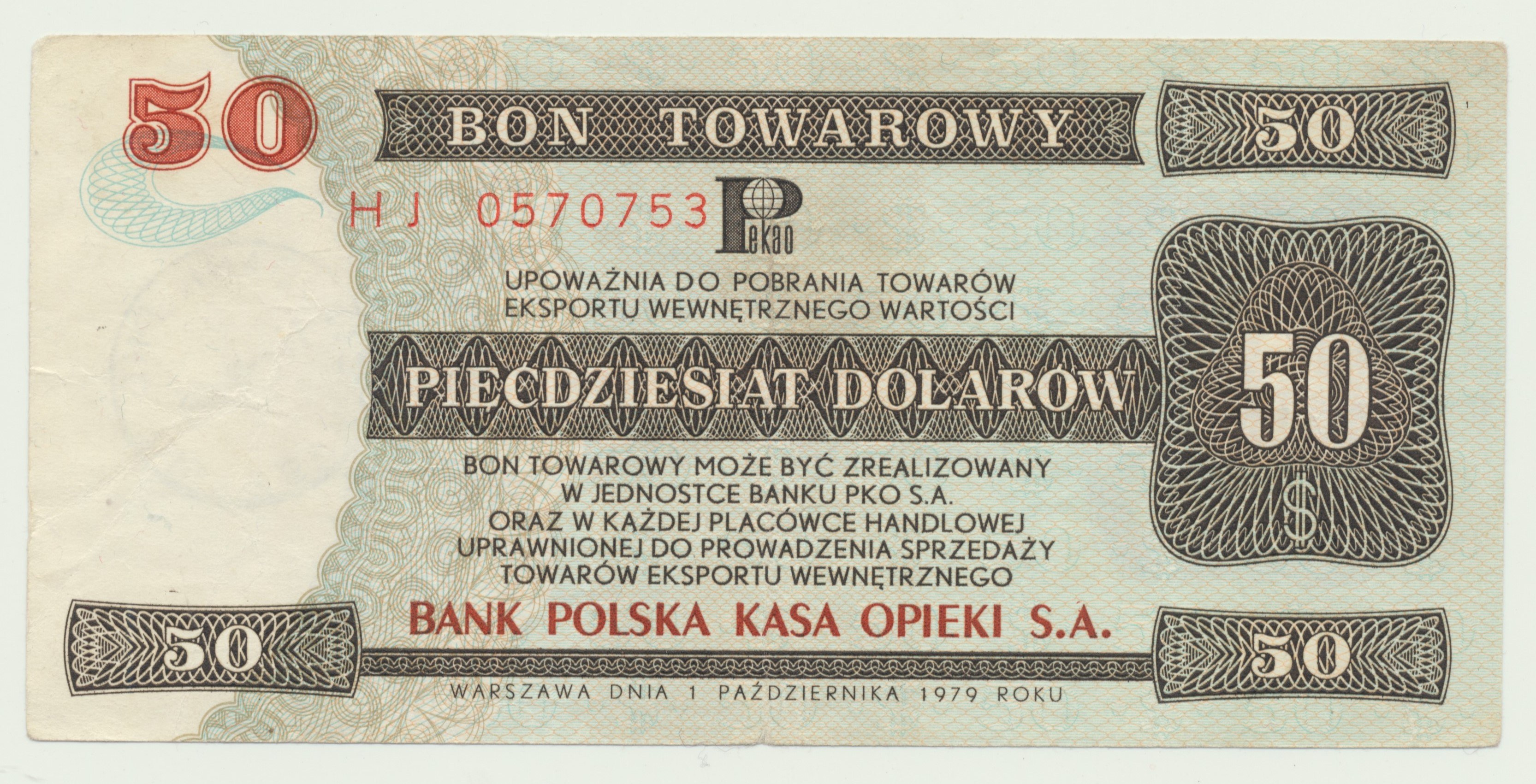 Pewex Bon Towarowy 50 dolarów 1979, ser. HJ - Aukcja internetowa ...