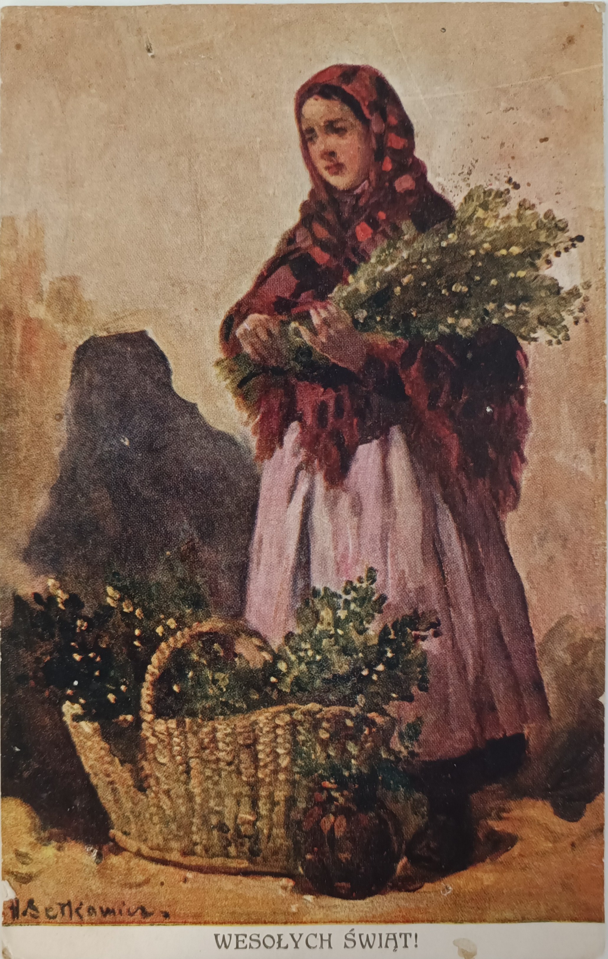 Pocztówka vintage z reprodukcją: Adam Setkowicz, Wesołych Świąt ...