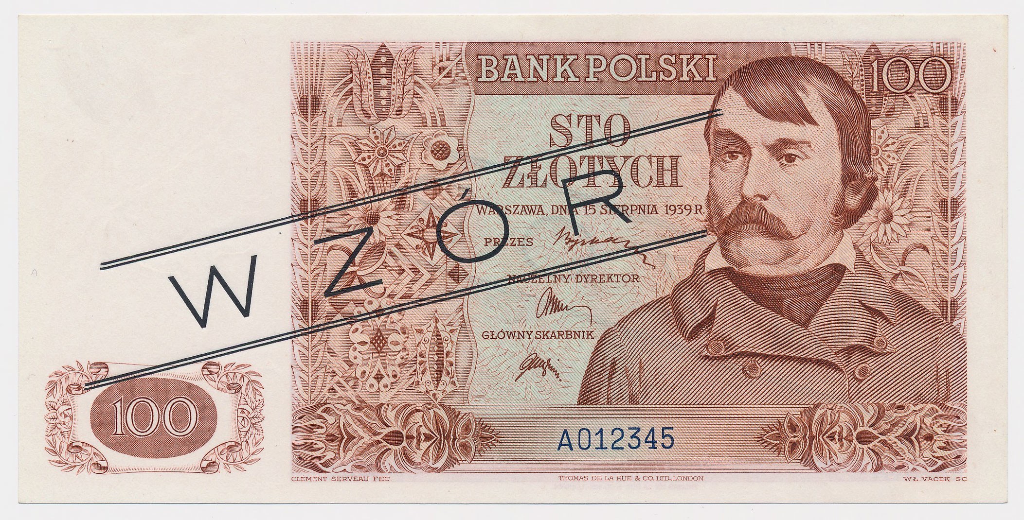 Londyn, 100 złotych 1939 - WZÓR - A 012345 - Aukcja internetowa ...