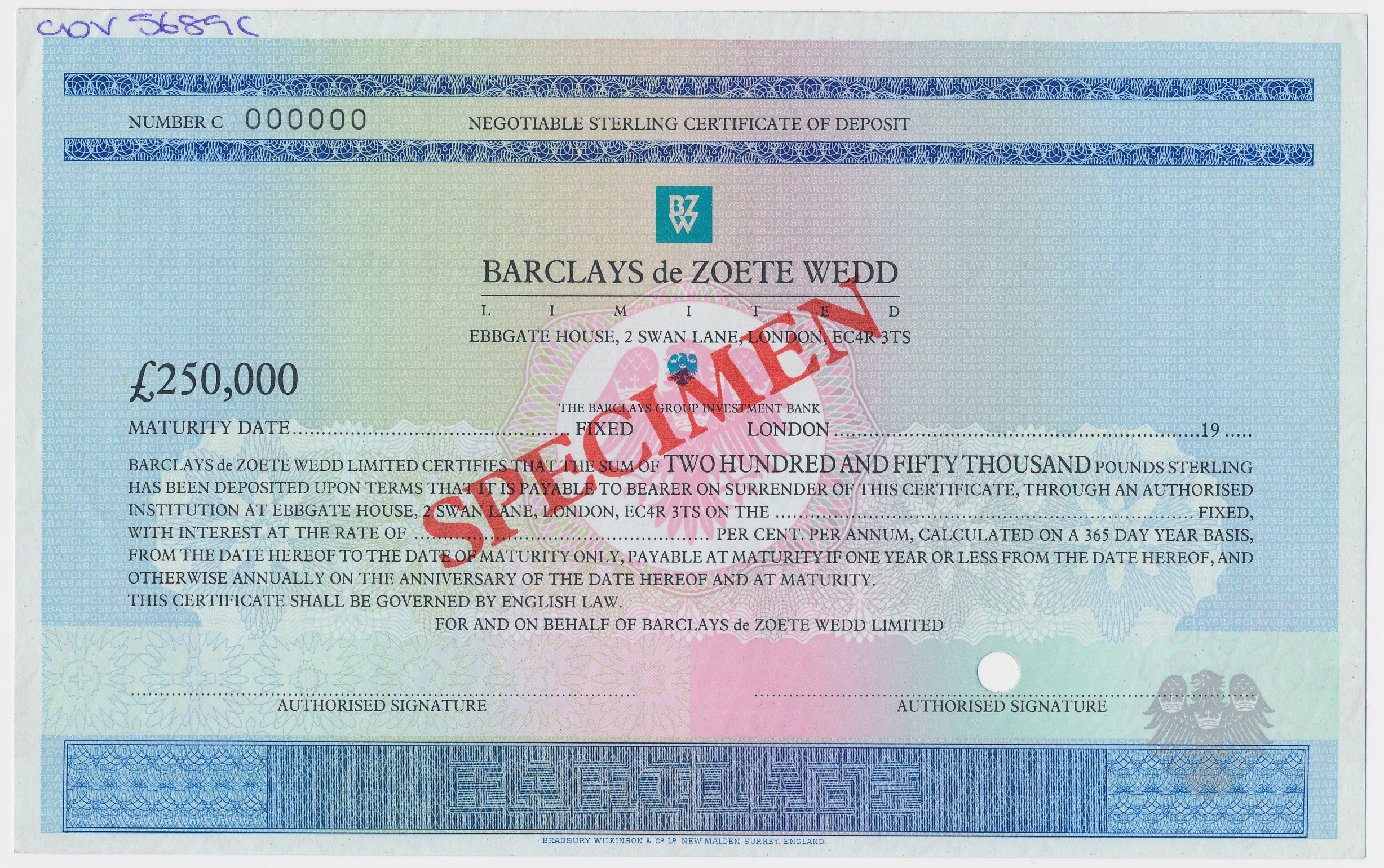 Londyn, Barclays de Zoete Wedd, SPECIMEN 250.000 Pounds - Aukcja ...