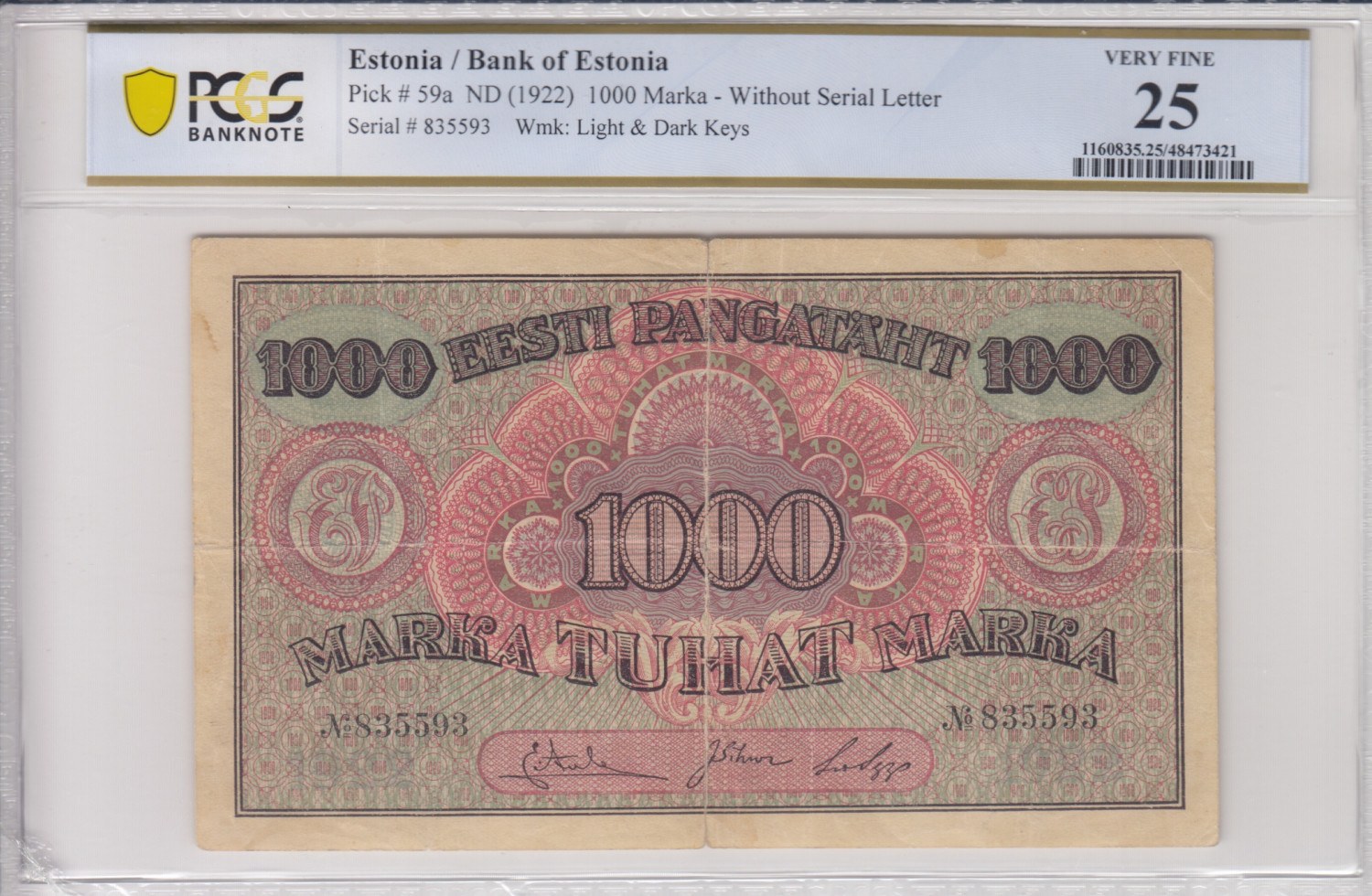 Estonia 1000 marek ND (1922) - PCGS 25 VERY FINE - Aukcja internetowa / Licytacja online - Cena ...