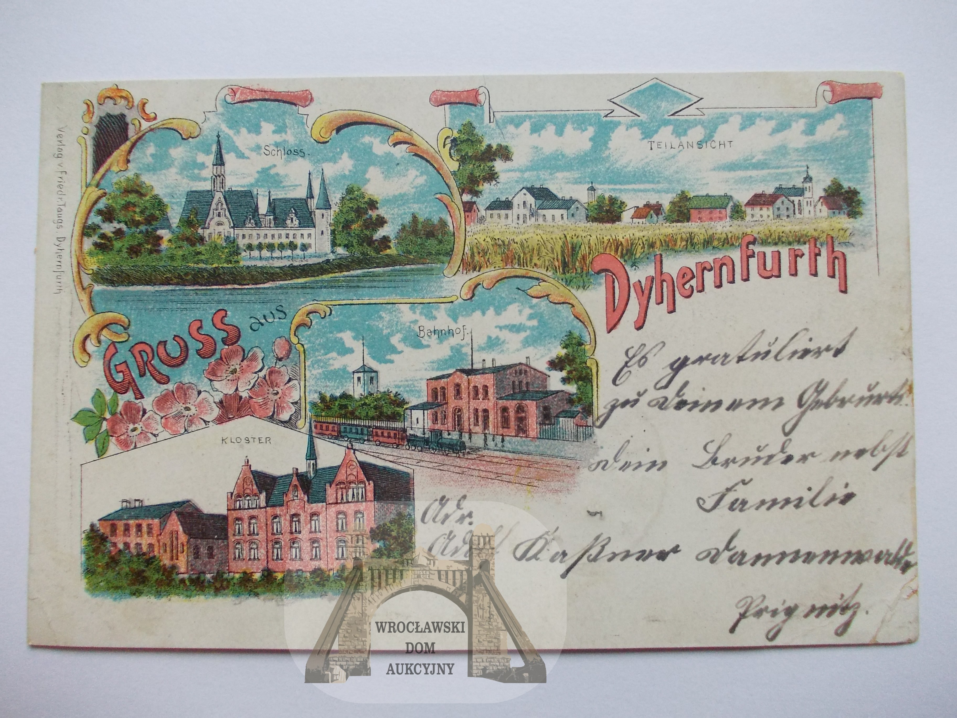 Brzeg Dolny, Dyhernfurth, litografia, dworzec, klasztor, pałac, 1899 ...