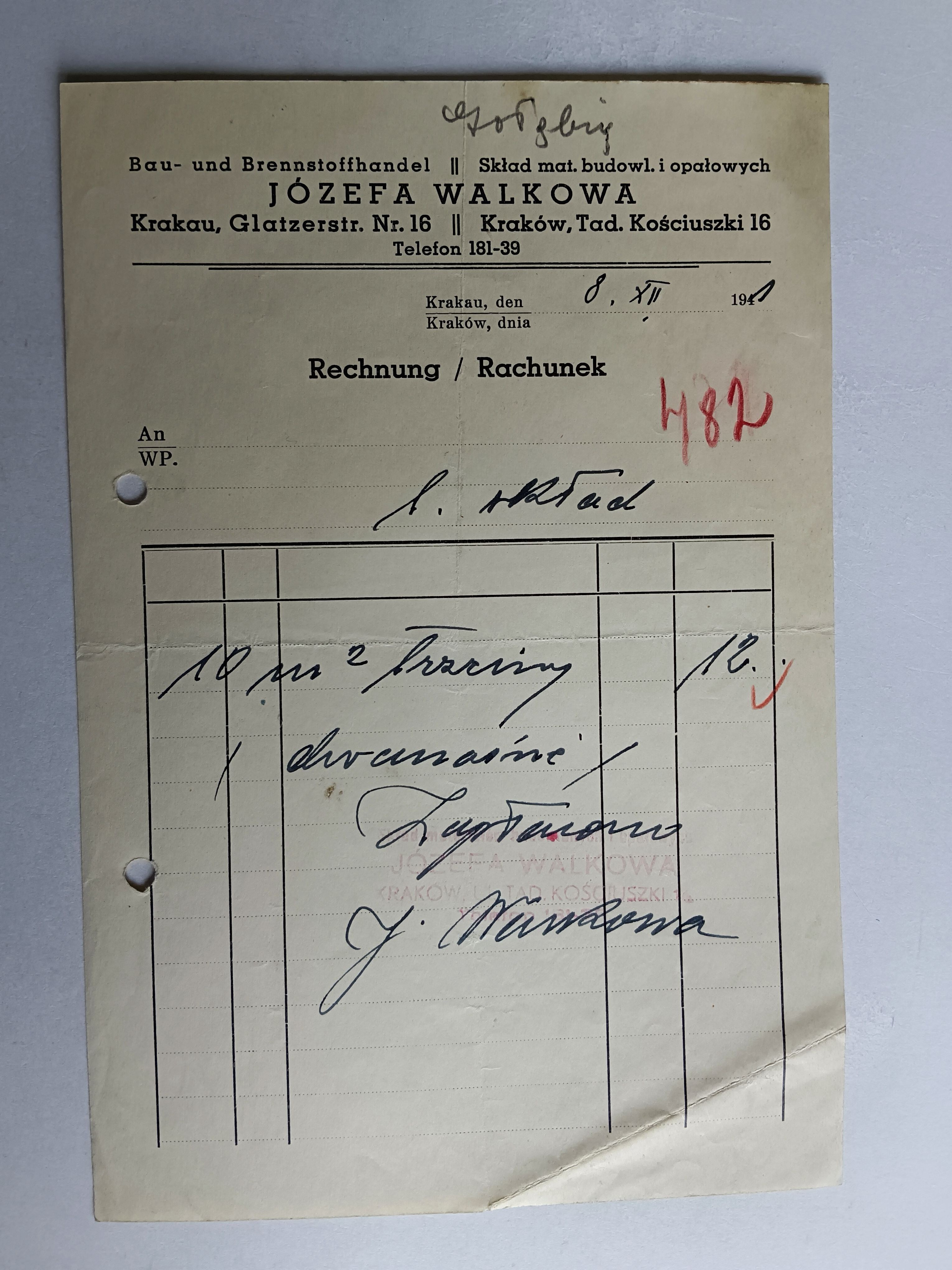 KRAKÓW JÓZEF WALKOW, SKŁAD MAT BUDOWL I OPAŁ JÓZEFA WALKOWA, RACHUNEK ...