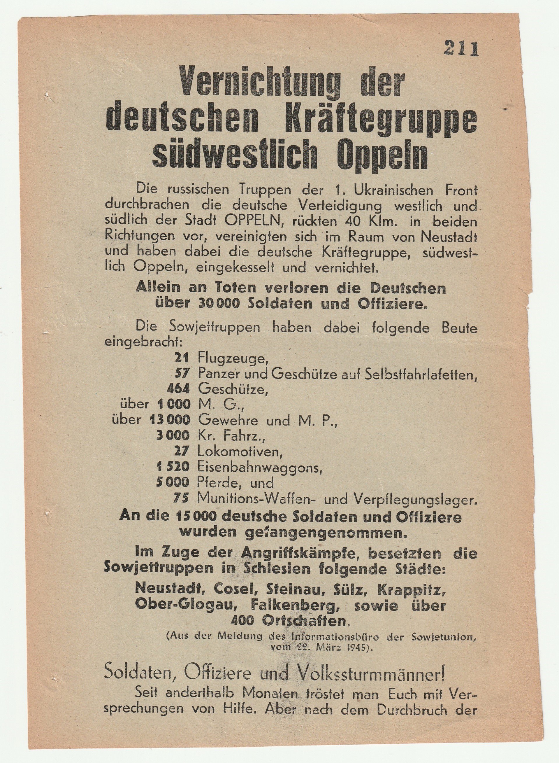 VERNICHTUNG der deutschen Kräftegruppe südwestlich Oppeln ...