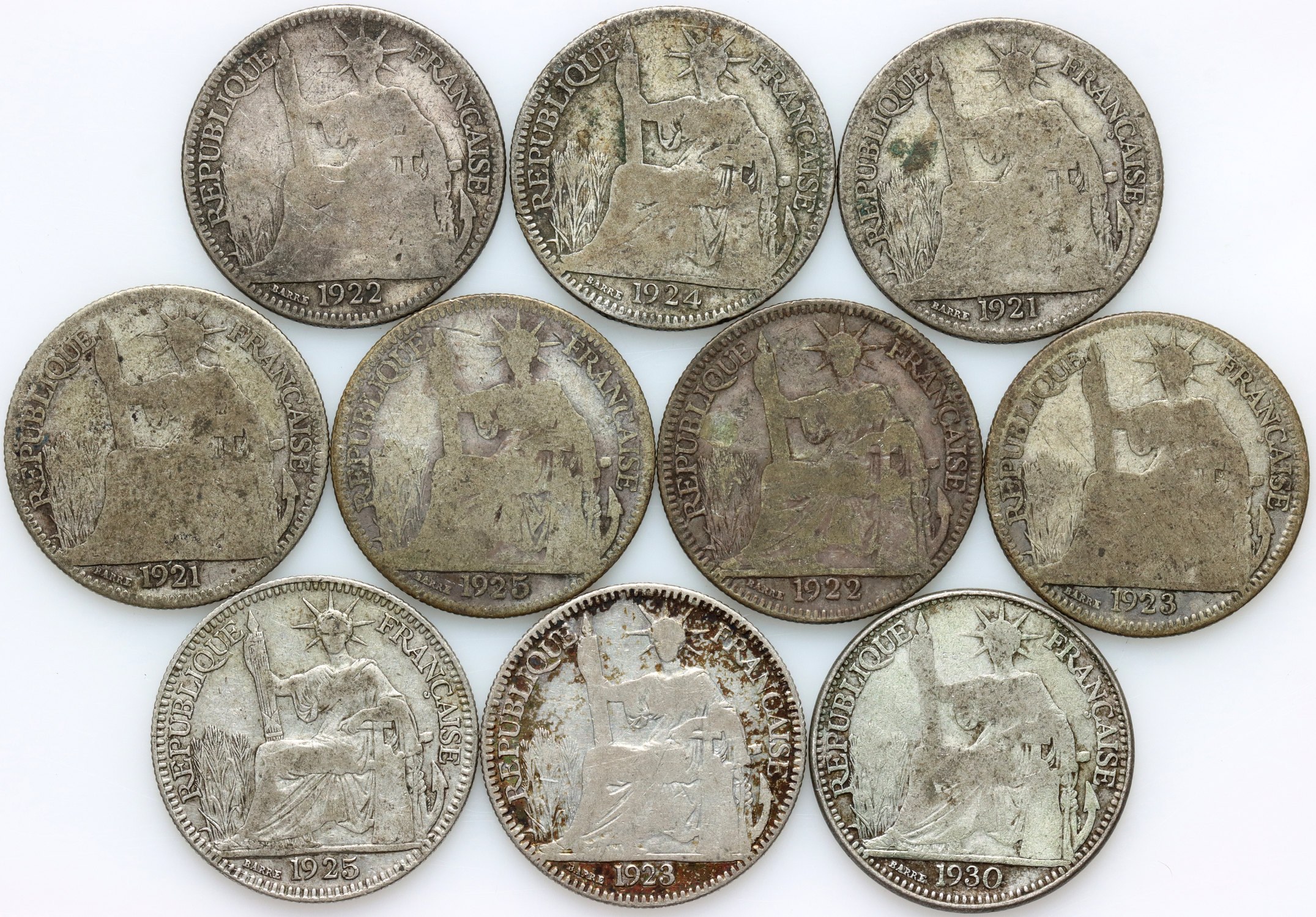 Francuskie Indochiny, zestaw monet 10 centów z lat 1921-1930, (10 sztuk ...
