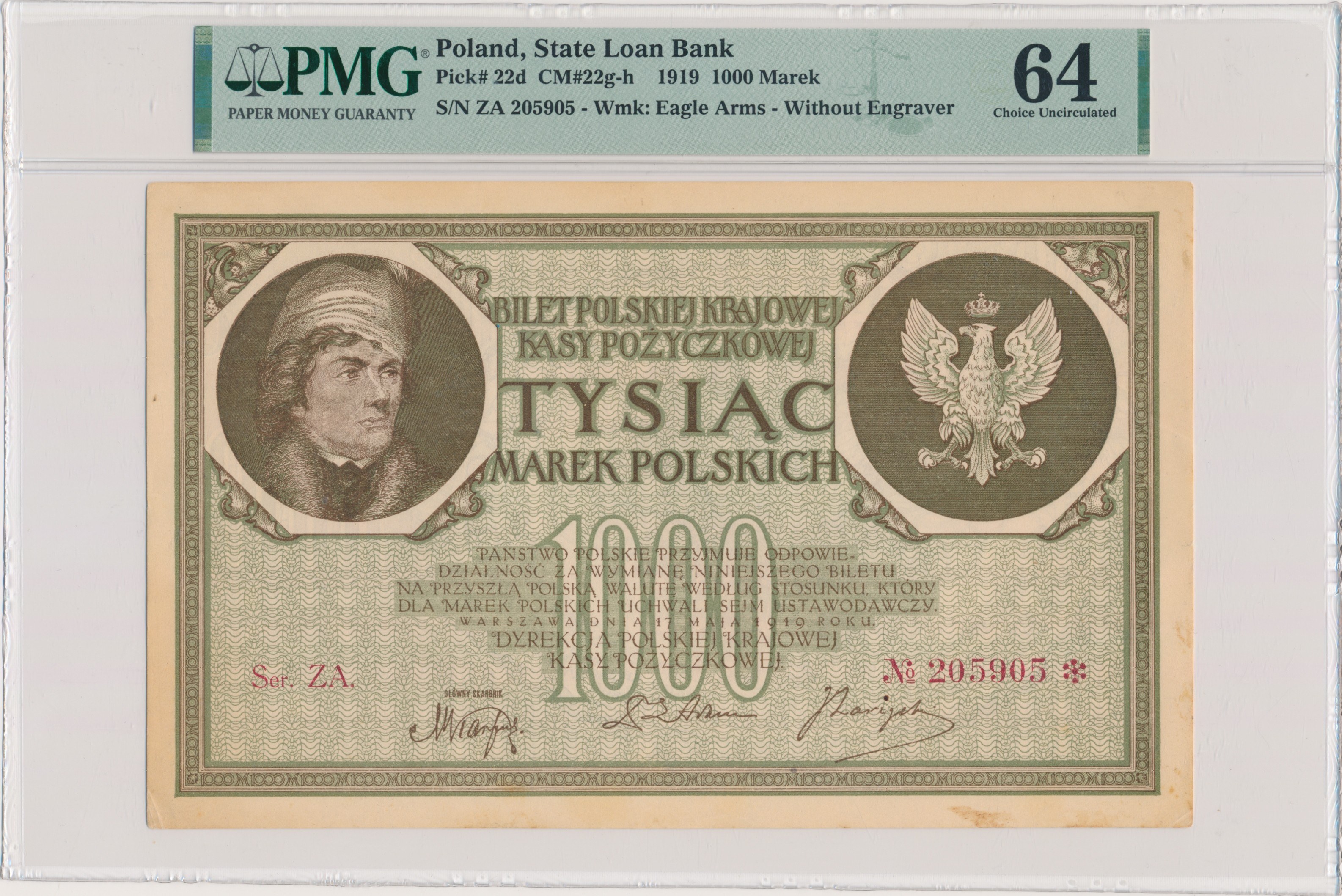 1.000 marek 1919 - Ser. ZA - duże S i szeroka numeracja - PMG 64 - Aukcja internetowa ...
