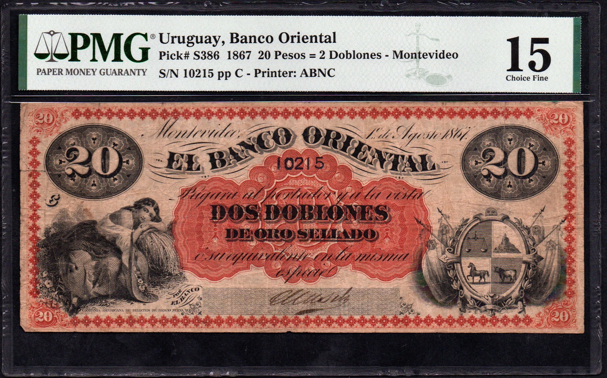 Urugwaj. Banco Oriental 20 Pesos 2 Doblones 1867 - Aukcja internetowa ...