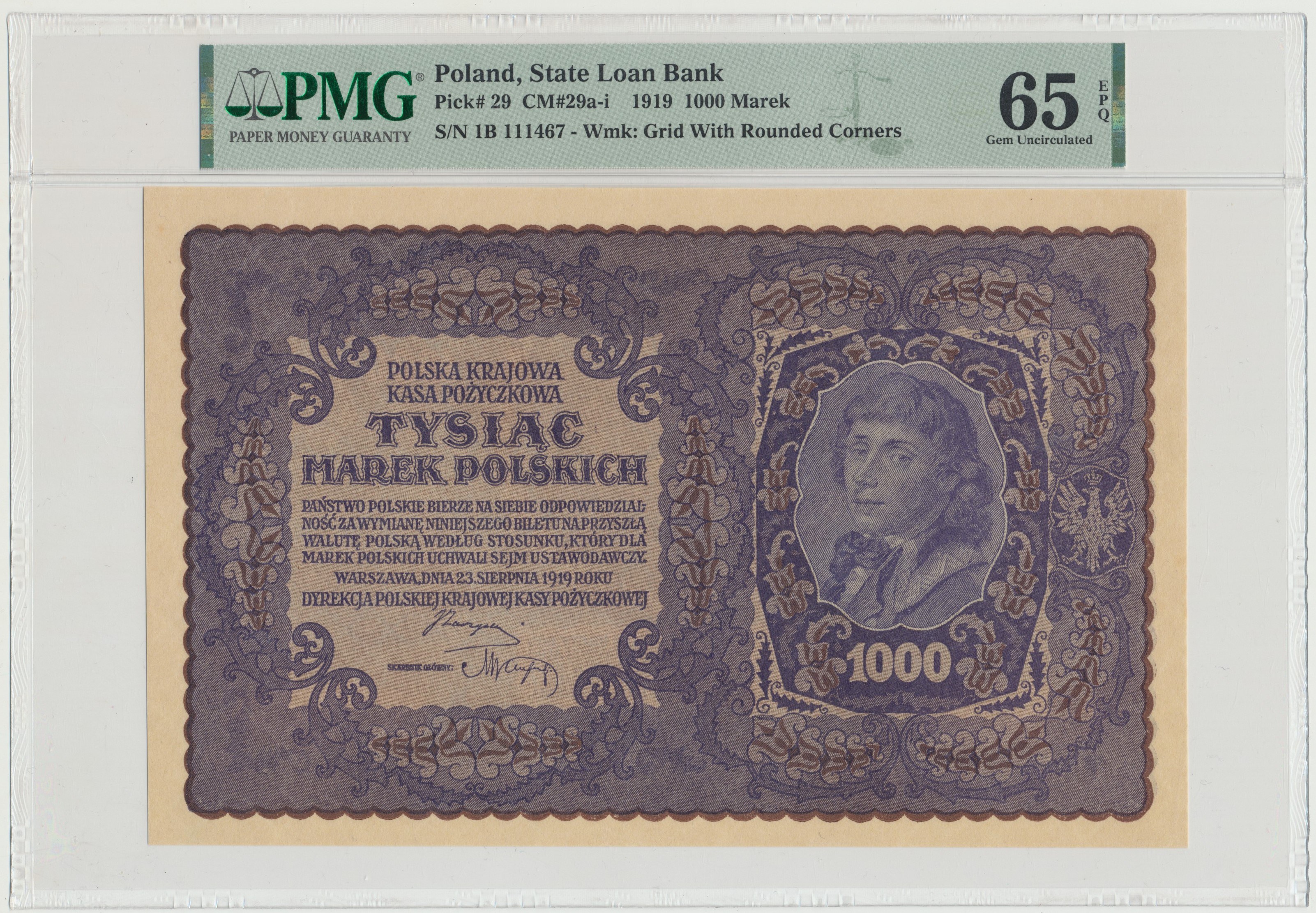 II RP, 1000 marek polskich 1919 I SERJA B - PMG 65 EPQ - Aukcja internetowa / Licytacja online ...