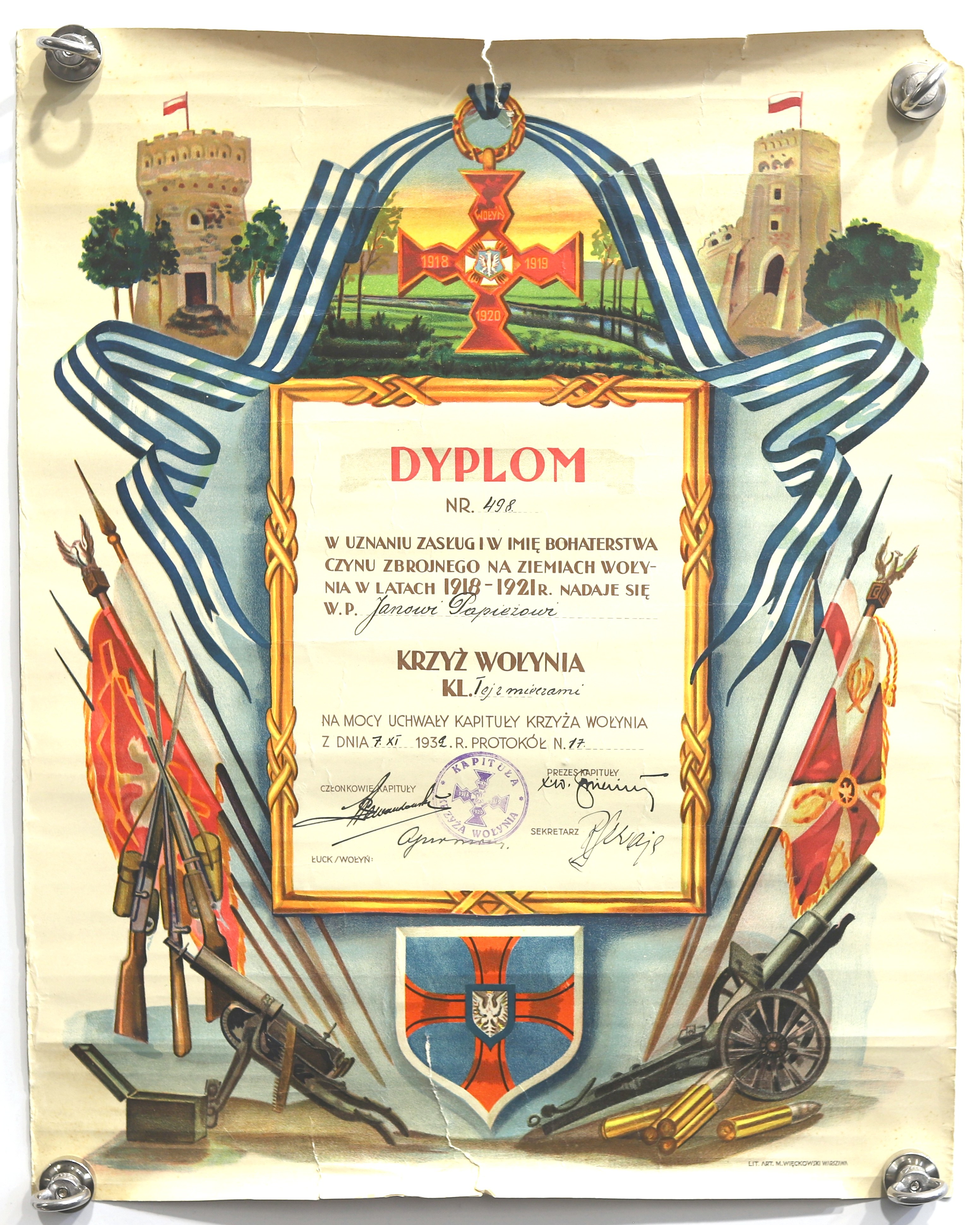 II RP, Dyplom nadania Krzyż Wołynia I klasy z mieczami - RZADKOŚĆ ...