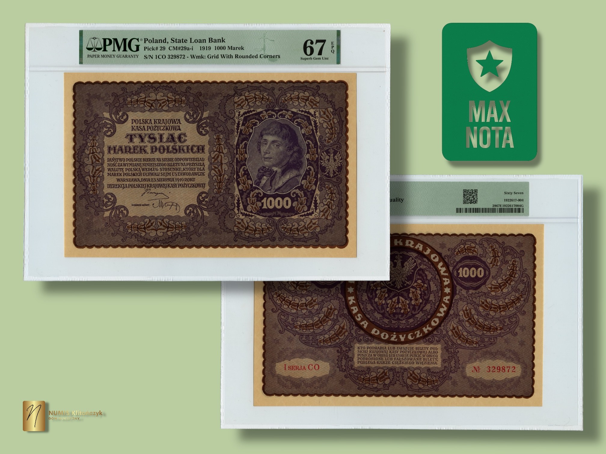 1,000 Polish marks 1919, 1st SERIES CO, PMG 67 EPQ, MAX NOTA - Online ...