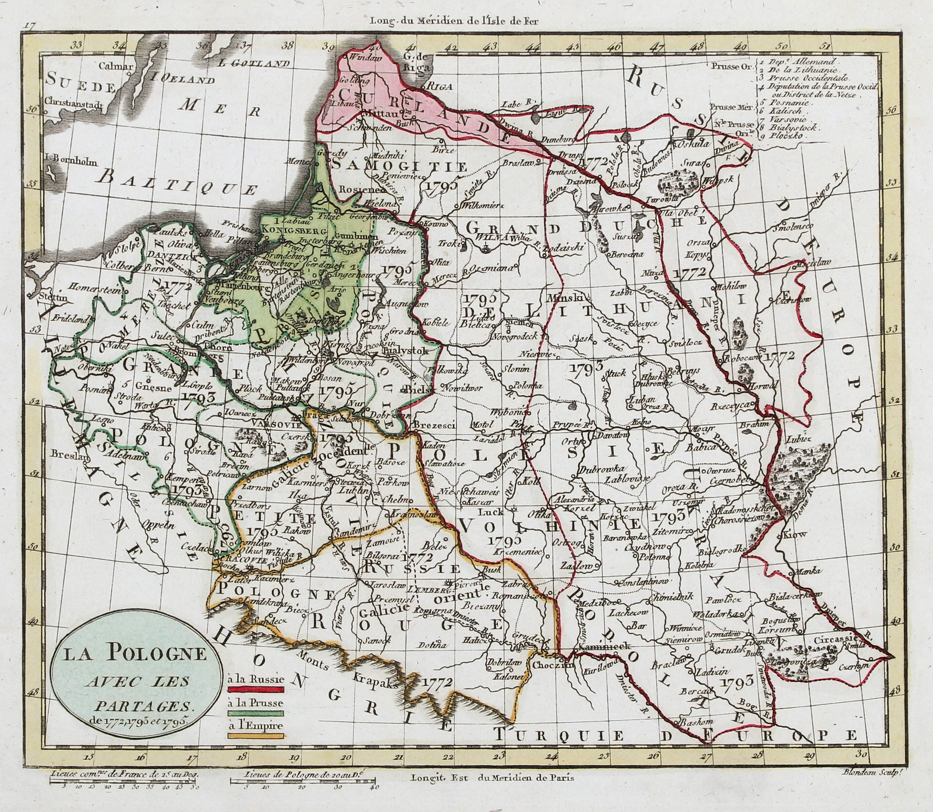 POLSKA, LITWA. Mapa ziem polskich z zaznaczonymi granicami rozbiorów ...