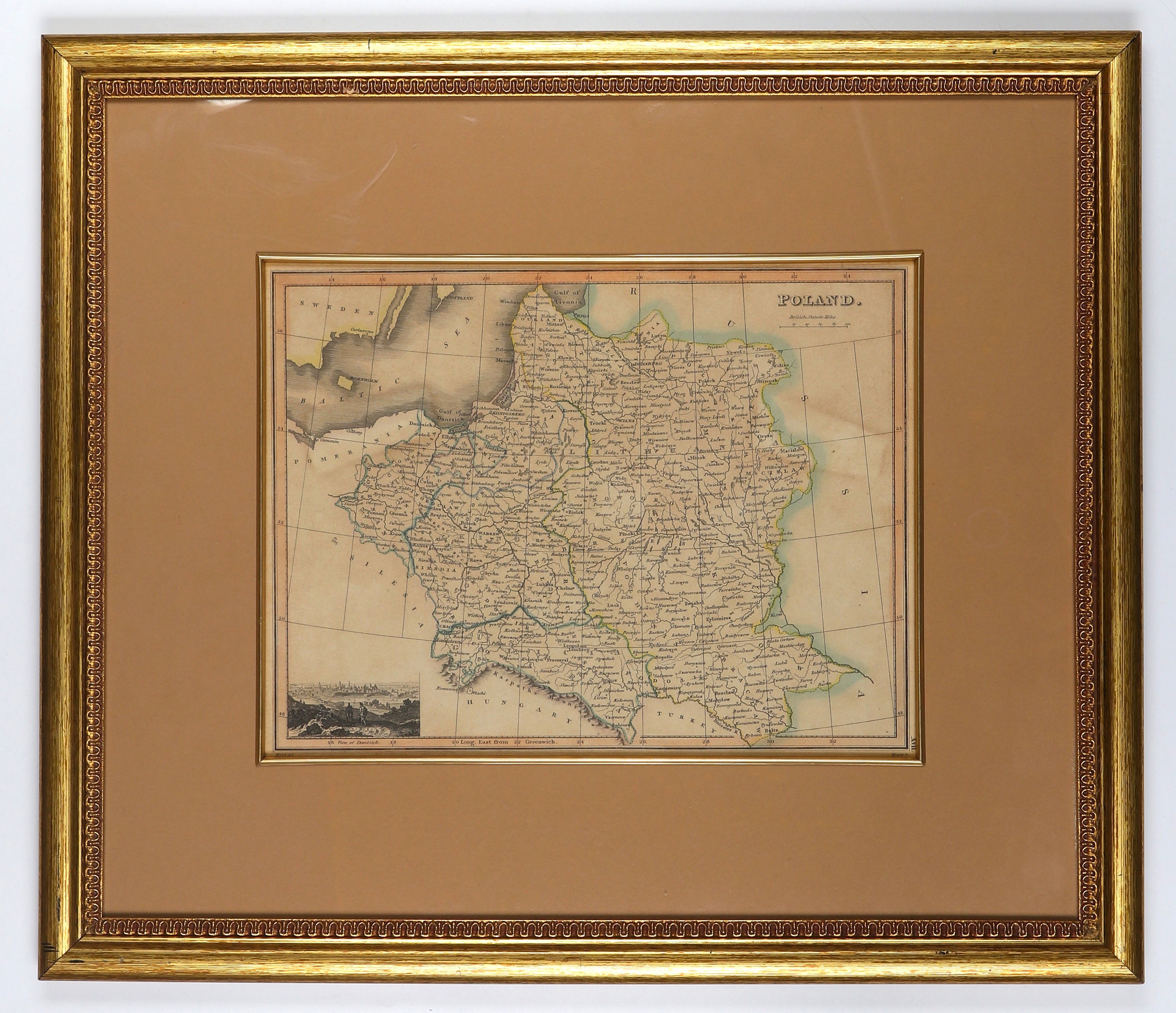 POLSKA, LITWA. Mapa Polski, Litwy i Ukrainy oraz panorama Gdańska; rys. Wyld, ryt. Hewitt, ok ...